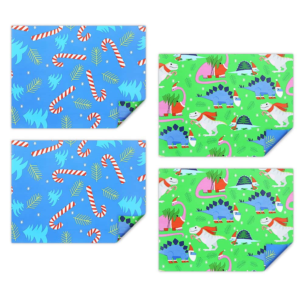 Dinosaur Wearing Santa Hats Christmas Double Side Reversible Wrapping Paper 4 Sheets Folded Flat 20x30 inches per sheet, Dinosaur T-rex Gift Wrap For Kids Girls Boys Men Women Unique Xmas Decorative Paper and Birthday Holiday