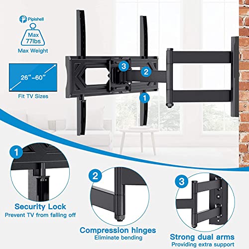 Pipishell Full Motion TV Wall Mount, Heavy Duty Single Articulating Arms TV Bracket for Most 26-60 Inch Flat Curved TVs, Up to VESA 400x400mm and 77lbs, Support Swivel, Tilt, Level Adjustment