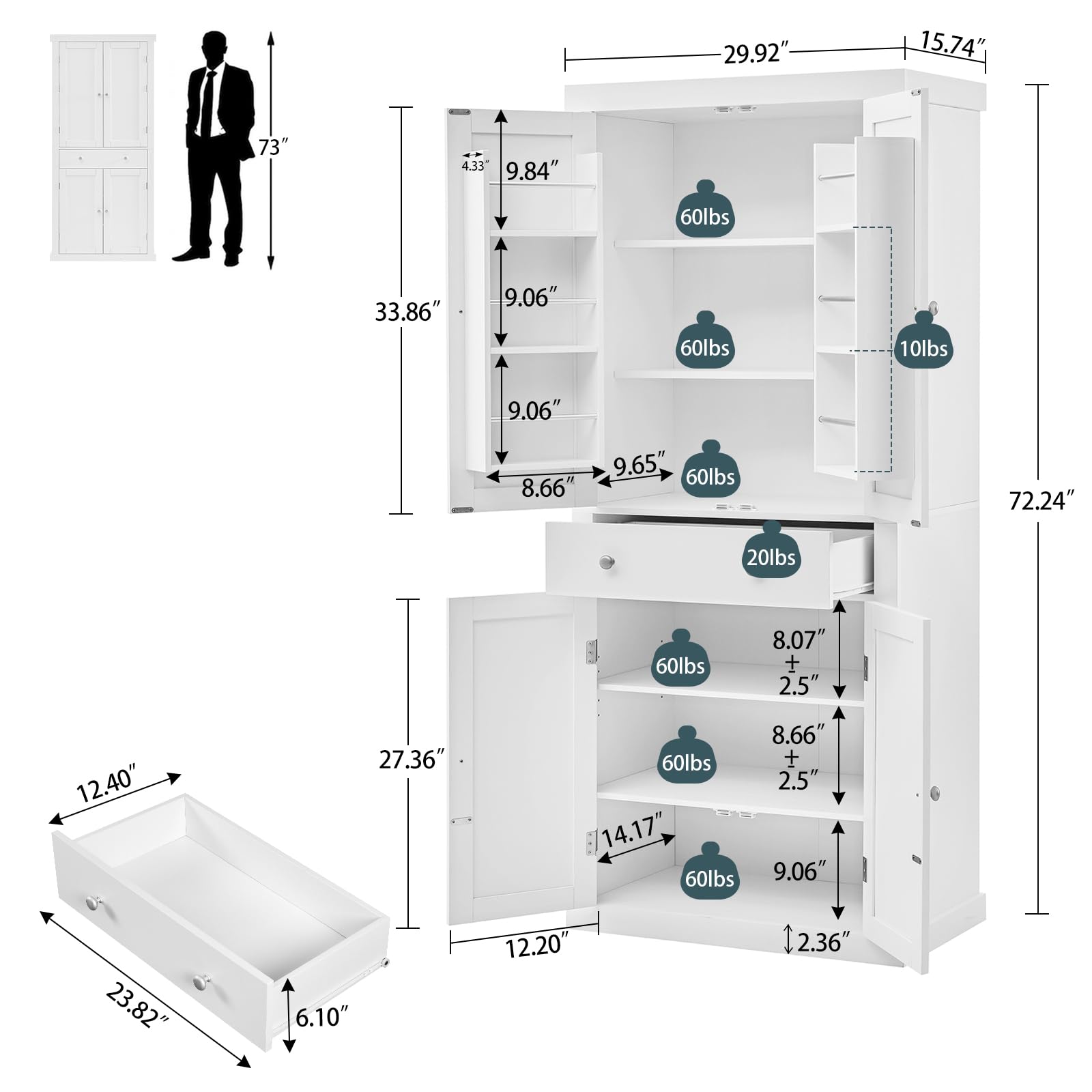 usikey 72” Kitchen Pantry Cabinet, Tall Storage Cabinet with 4 Doors and 1 Drawer, Cupboard with 6 Hanging Shelves and Adjustable Shelves for Kitchen, Dining Room, Living Room, White