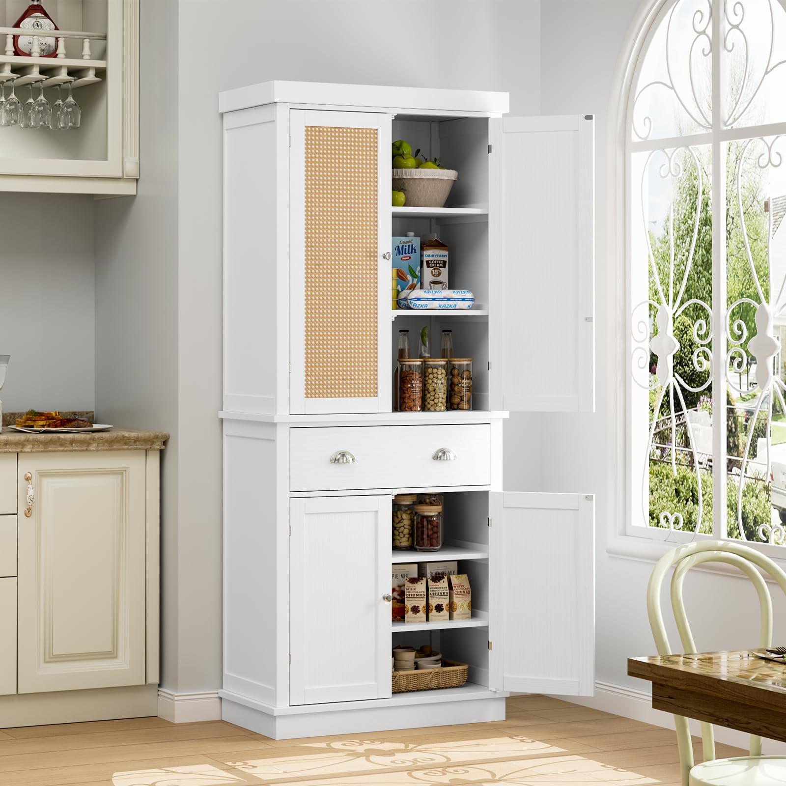 FACBOTALL 72.4” Kitchen Pantry Cabinet, Freestanding Cupboard with Rattan Doors and Large Drawer, Utility Pantry Cabinet, Tall Kitchen Pantry Storage Cabinet for Kitchen, Dining Room, White