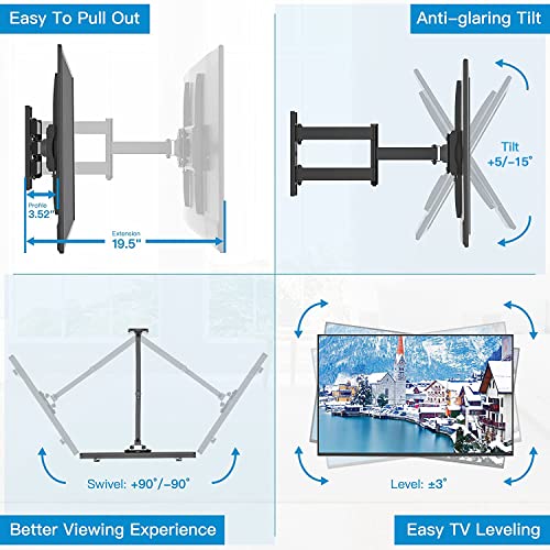 Pipishell Full Motion TV Wall Mount, Heavy Duty Single Articulating Arms TV Bracket for Most 26-60 Inch Flat Curved TVs, Up to VESA 400x400mm and 77lbs, Support Swivel, Tilt, Level Adjustment