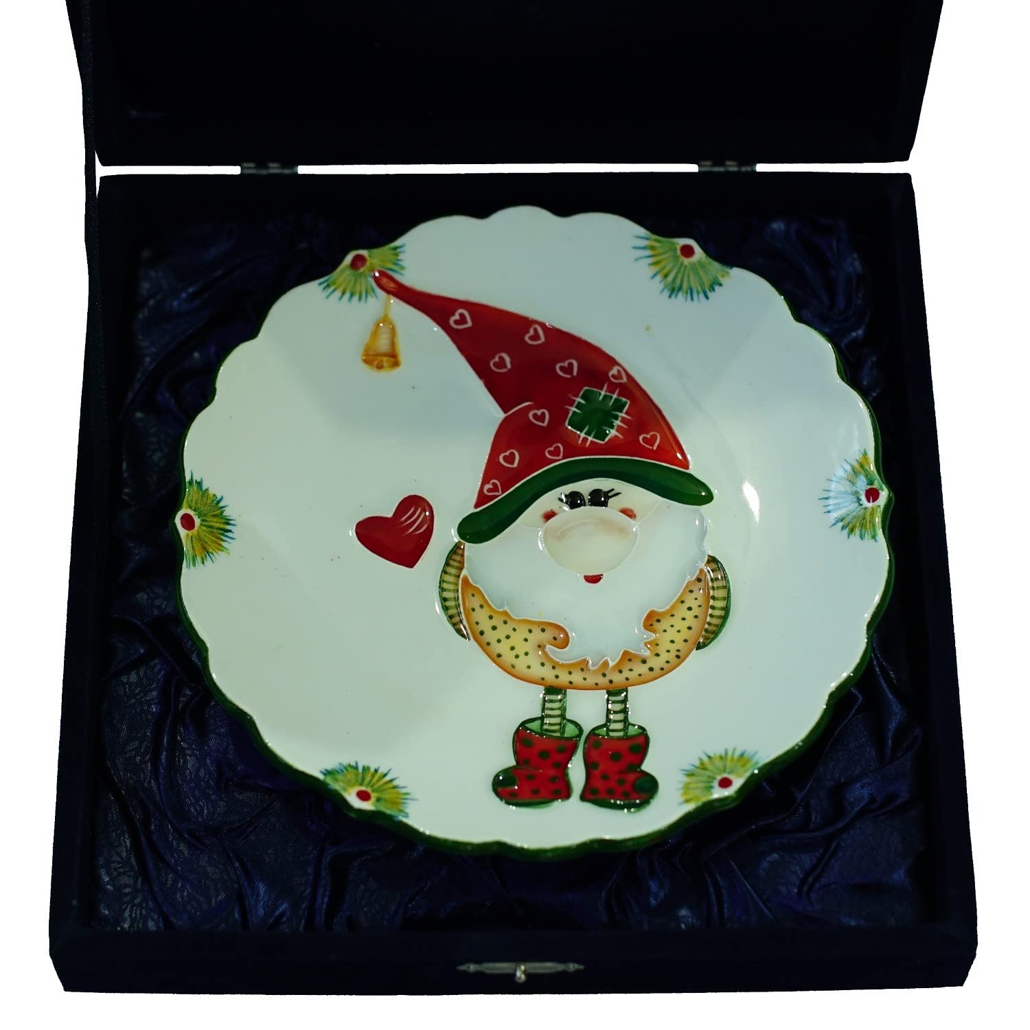 Anka Handcrafts - Christmas Home Decors - Santa's Dwarves - Handmade & Handpainted Ceramic Plates with Unique Embossed Surface β w Navy Int. Velvet Case β Christmas for Homes 760