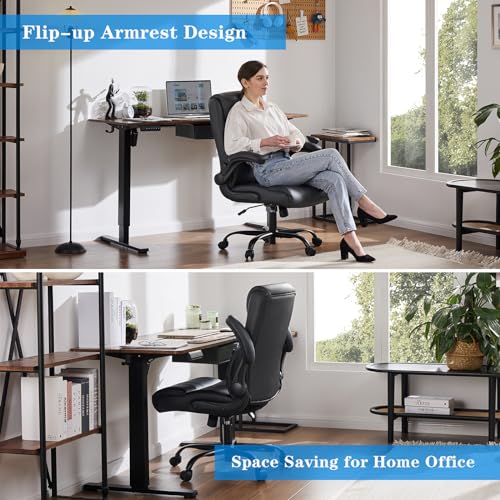 NEWBULIG Ergonomic PU Leather Desk Mid Back Computer Flip Up Armrests Height Adjustable Executive Office Lumbar Support Swivel Task Chair, 20" D x 20" W x 43" H, Black