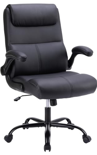 NEWBULIG Ergonomic PU Leather Desk Mid Back Computer Flip Up Armrests Height Adjustable Executive Office Lumbar Support Swivel Task Chair, 20" D x 20" W x 43" H, Black