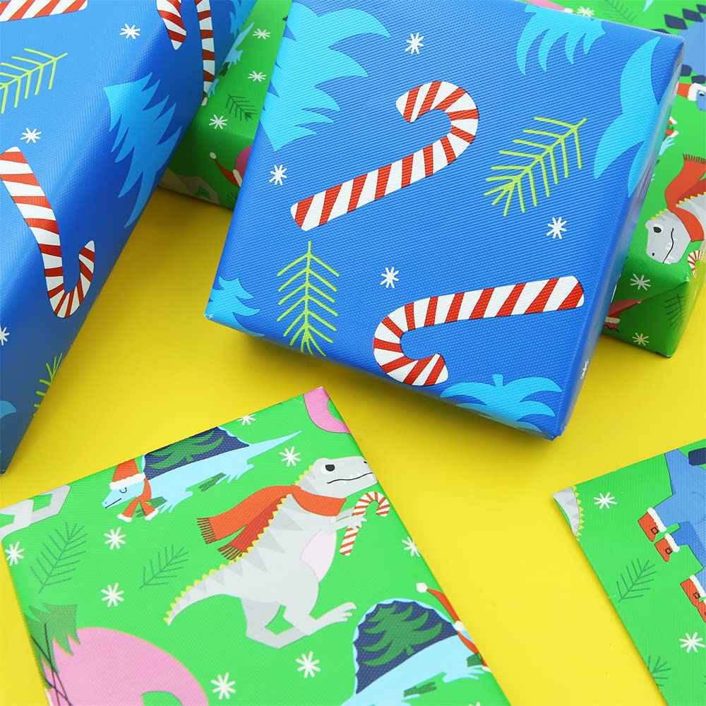 Dinosaur Wearing Santa Hats Christmas Double Side Reversible Wrapping Paper 4 Sheets Folded Flat 20x30 inches per sheet, Dinosaur T-rex Gift Wrap For Kids Girls Boys Men Women Unique Xmas Decorative Paper and Birthday Holiday