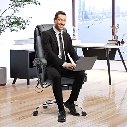 HOMREST 6-Point Massage Office Chair,Heated Executive Chair,Ergonomic Home Office Desk Chair,PU Leather with Retractable Footrest,Adjustable Armrest & Head Support(Black)