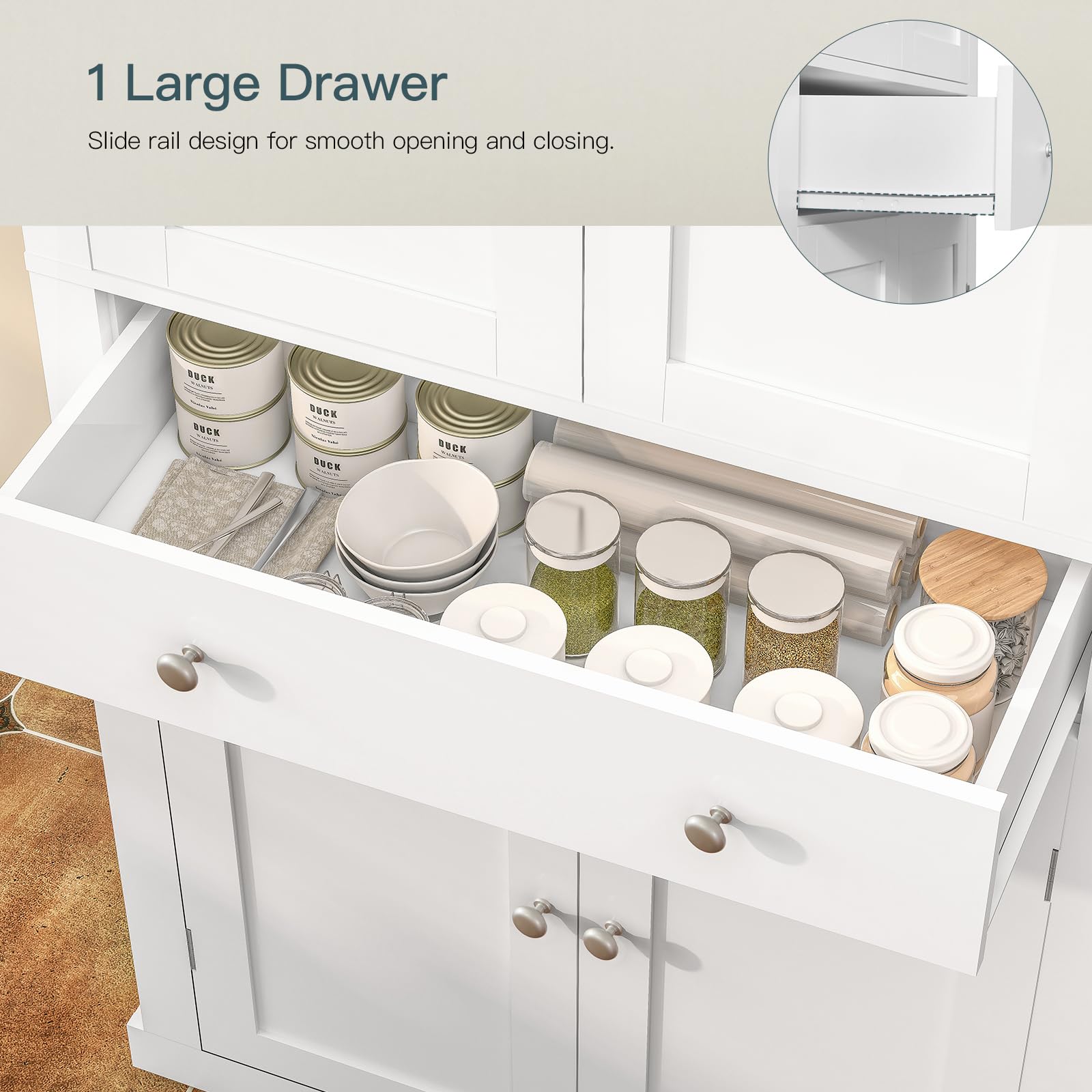 usikey 72” Kitchen Pantry Cabinet, Tall Storage Cabinet with 4 Doors and 1 Drawer, Cupboard with 6 Hanging Shelves and Adjustable Shelves for Kitchen, Dining Room, Living Room, White