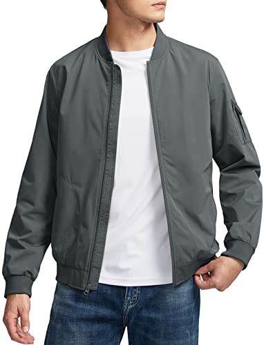 Pudolla Men's Bomber Jackets With 5 Pockets Lightweight Windbreaker Jackets For Men Outwear Casual Jacket Coat for Golf(dark grey L)