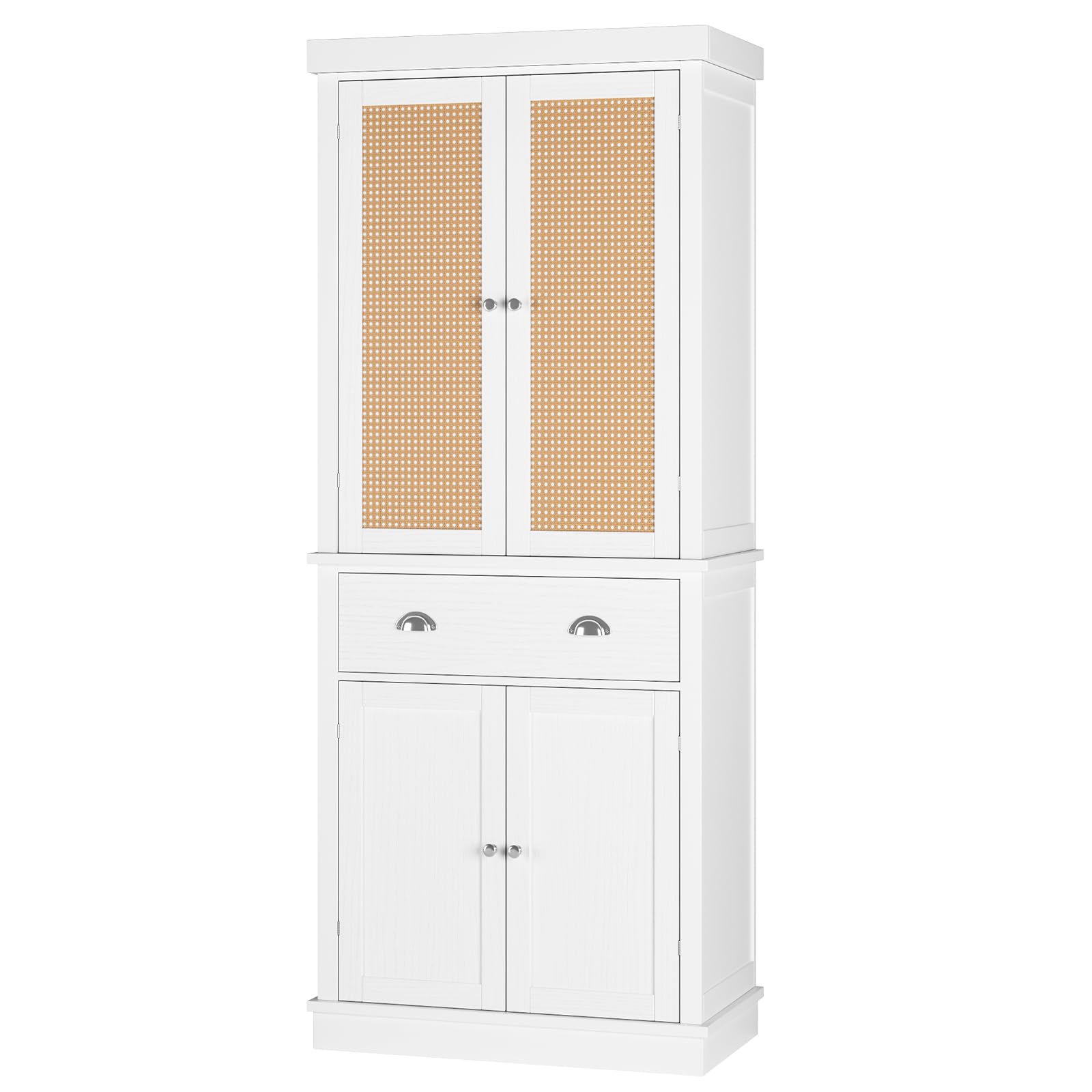 FACBOTALL 72.4” Kitchen Pantry Cabinet, Freestanding Cupboard with Rattan Doors and Large Drawer, Utility Pantry Cabinet, Tall Kitchen Pantry Storage Cabinet for Kitchen, Dining Room, White