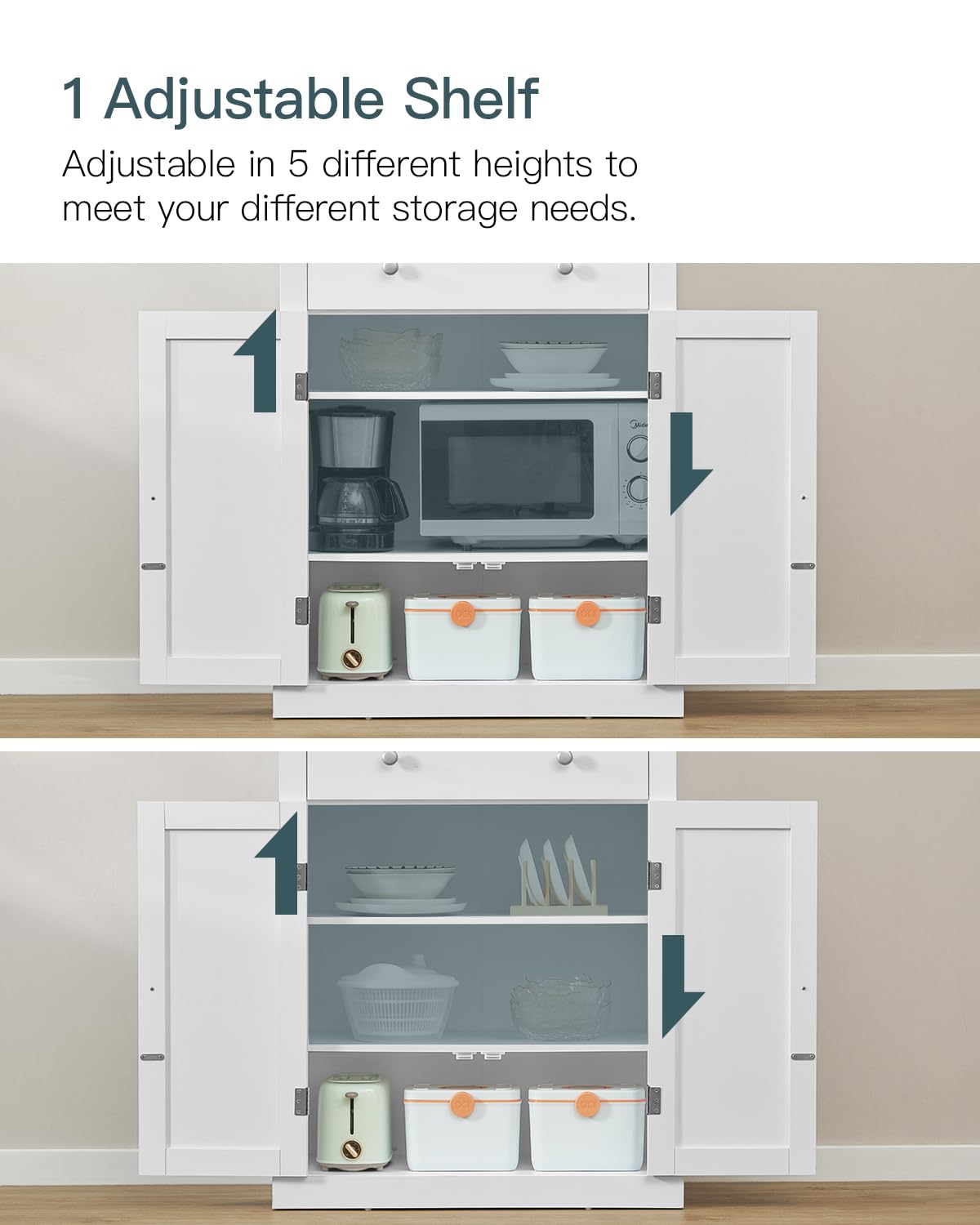usikey 72” Kitchen Pantry Cabinet, Tall Storage Cabinet with 4 Doors and 1 Drawer, Cupboard with 6 Hanging Shelves and Adjustable Shelves for Kitchen, Dining Room, Living Room, White