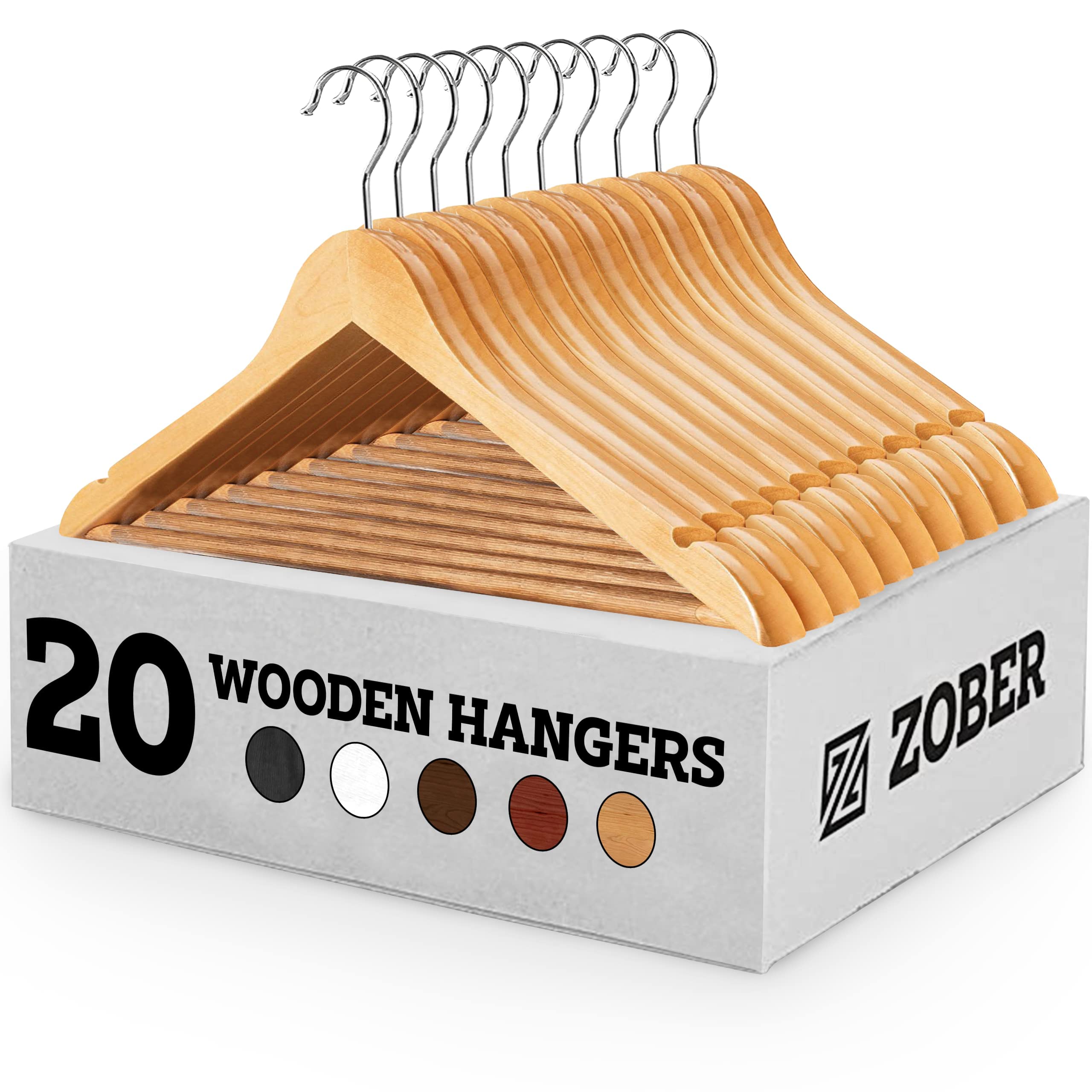 Zober Wooden Hangers 20 Pack - Non Slip Wood Clothes Hanger for Suits, Pants, Jackets w/ Bar & Cut Notches - Heavy Duty Clothing Hanger Set - Coat Hangers for Closet - Natural