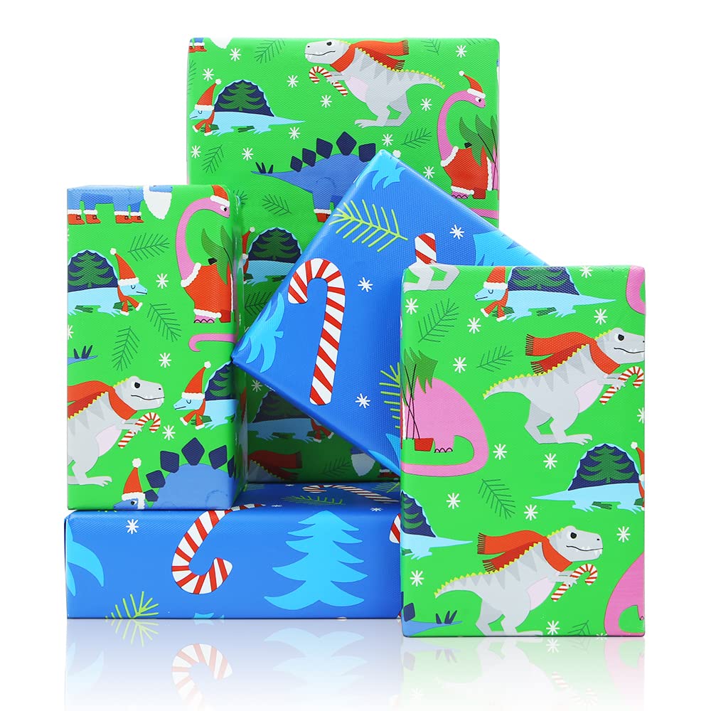 Dinosaur Wearing Santa Hats Christmas Double Side Reversible Wrapping Paper 4 Sheets Folded Flat 20x30 inches per sheet, Dinosaur T-rex Gift Wrap For Kids Girls Boys Men Women Unique Xmas Decorative Paper and Birthday Holiday