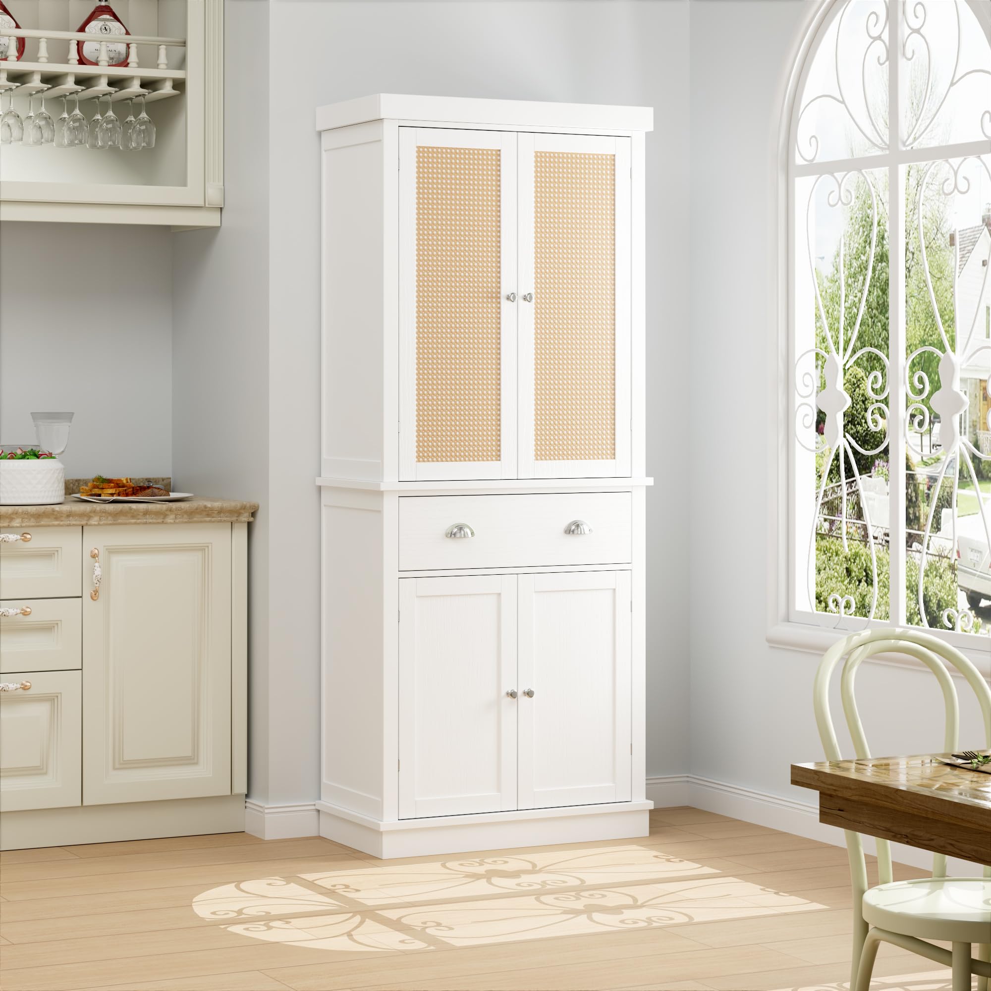 FACBOTALL 72.4” Kitchen Pantry Cabinet, Freestanding Cupboard with Rattan Doors and Large Drawer, Utility Pantry Cabinet, Tall Kitchen Pantry Storage Cabinet for Kitchen, Dining Room, White