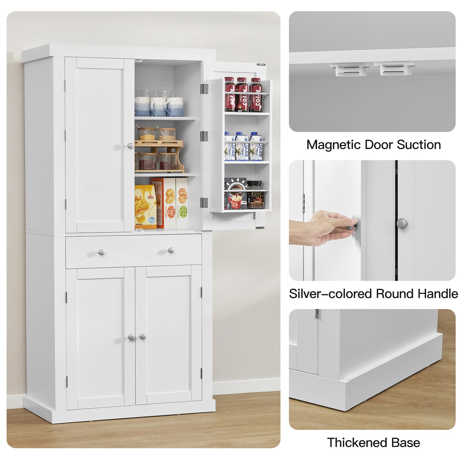 usikey 72” Kitchen Pantry Cabinet, Tall Storage Cabinet with 4 Doors and 1 Drawer, Cupboard with 6 Hanging Shelves and Adjustable Shelves for Kitchen, Dining Room, Living Room, White