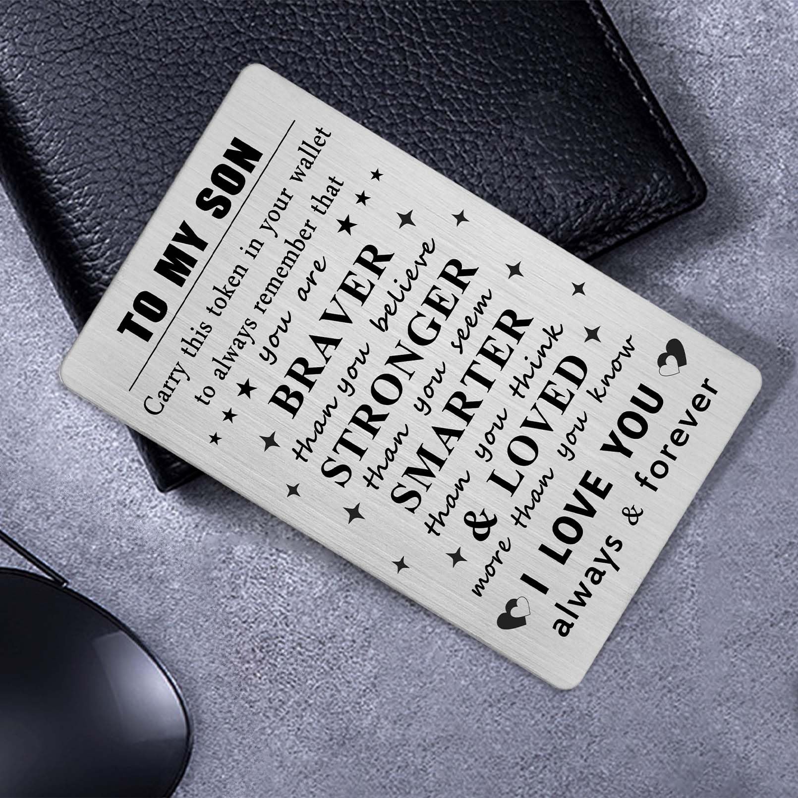 HLQYMZ Son Fathers Day Birthday Card Gifts from Mom Dad - Best Son Gift Idea - Son Birthday Wedding Engraved Wallet Card for Little Boy