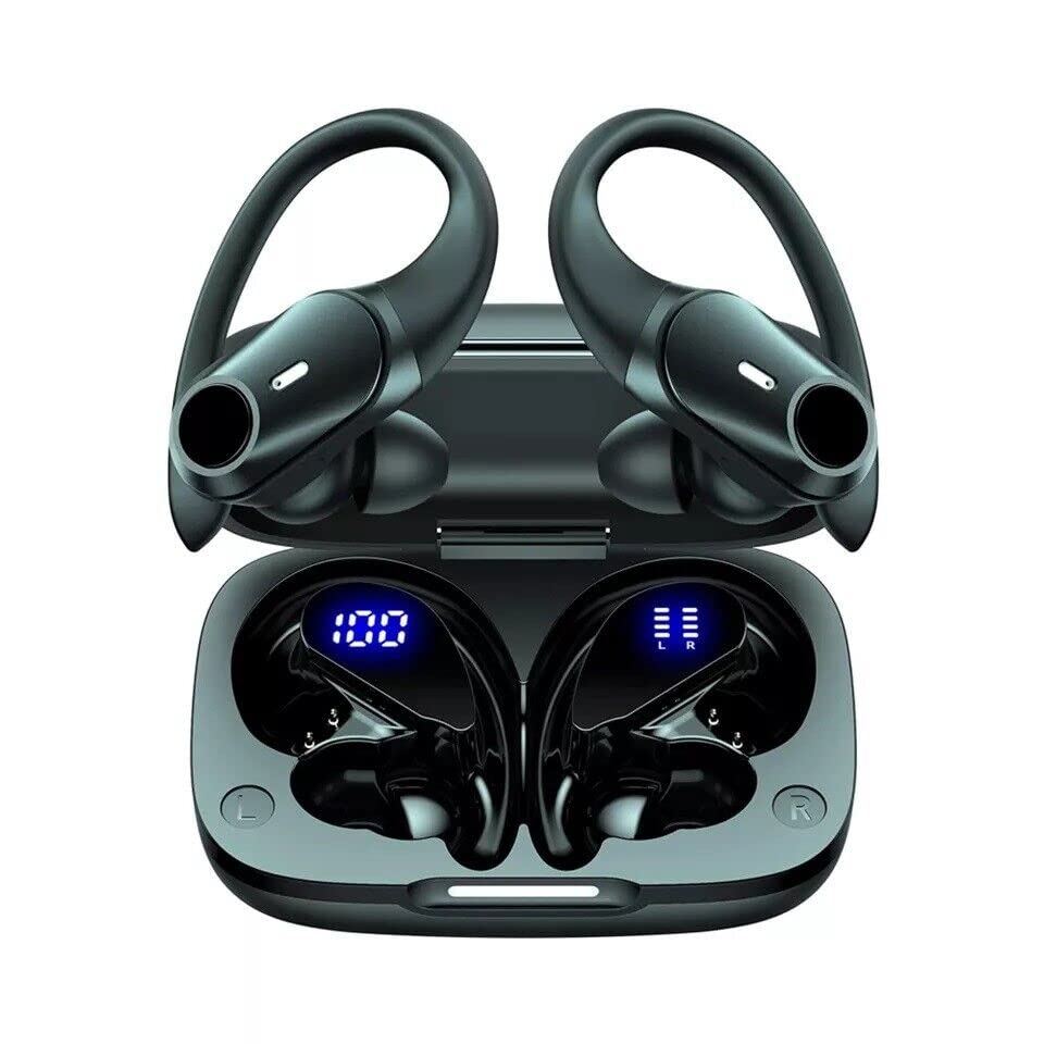 SGNICS for Wiko Voix Wireless Earbuds Headphones with Charging Case & Dual Power Display Over-Ear Waterproof Earphones with Earhook Headset with Mic for Sport Running Workout Black