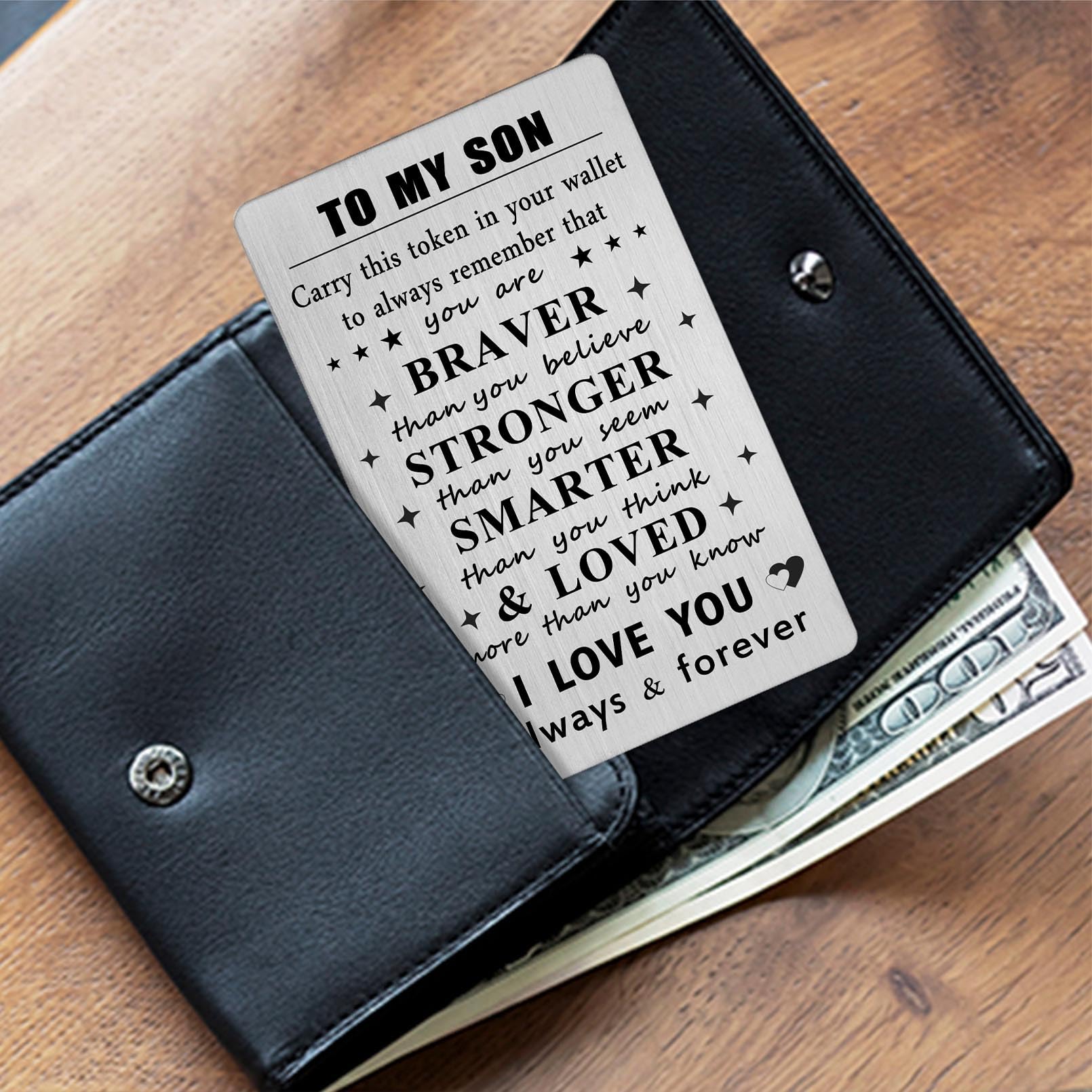 HLQYMZ Son Fathers Day Birthday Card Gifts from Mom Dad - Best Son Gift Idea - Son Birthday Wedding Engraved Wallet Card for Little Boy