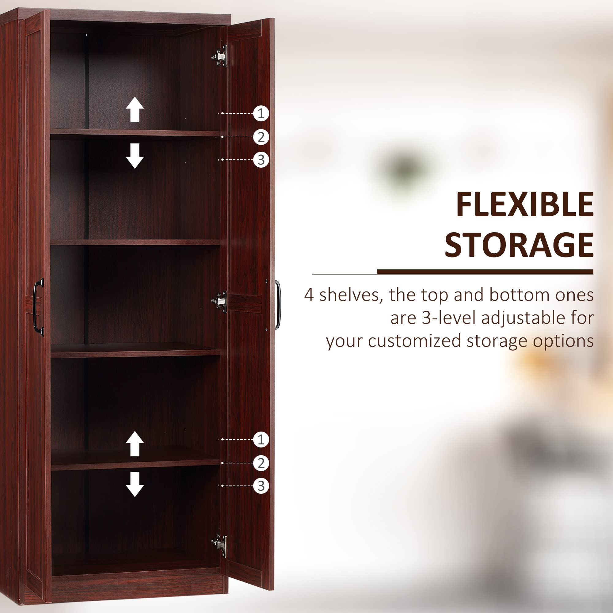 HOMCOM 63" 2-Door Kitchen Pantry, Freestanding Storage Cabinet with 5-Tier Shelving and 2 Adjustable Shelves for Dining Room, Espresso