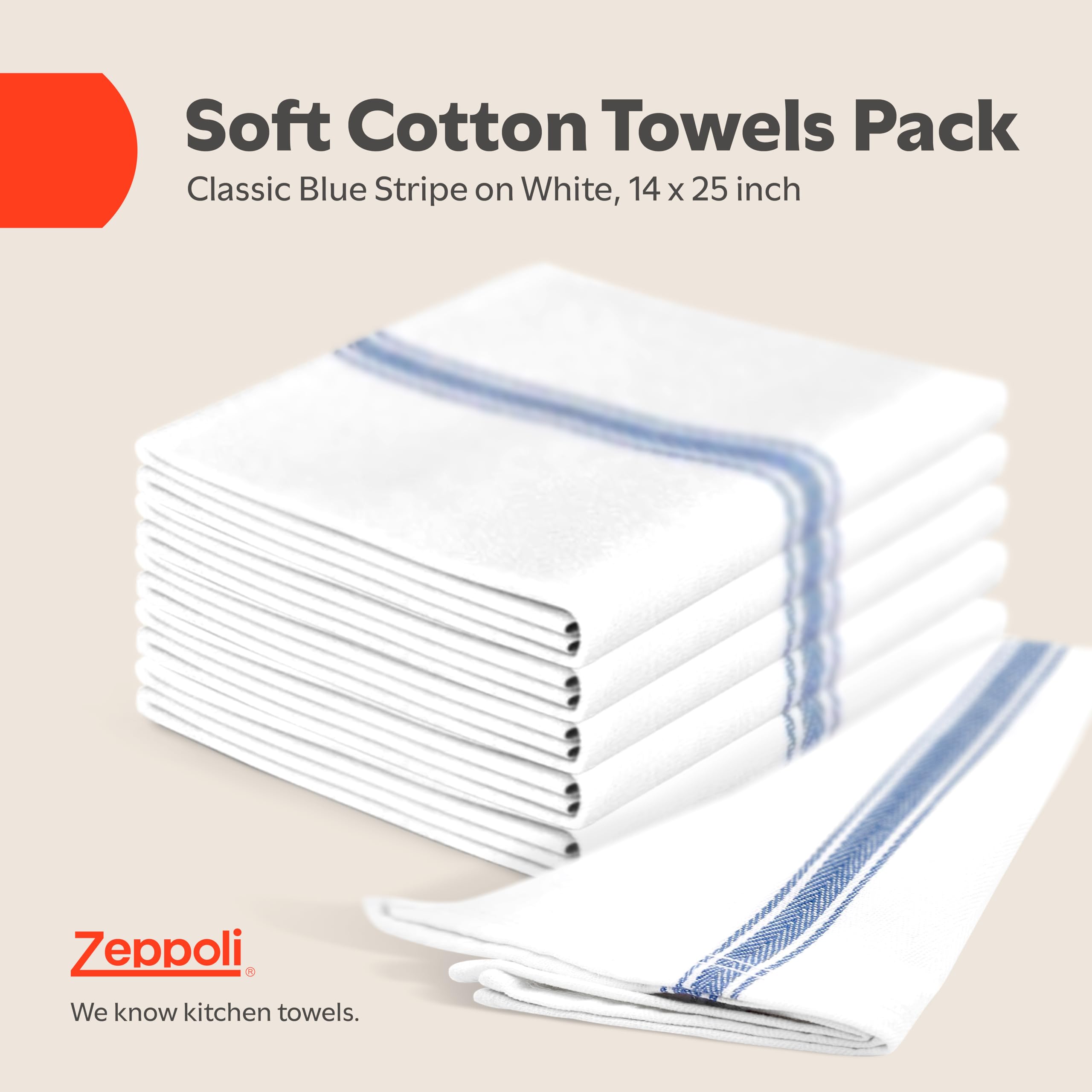 Zeppoli Classic Kitchen Towels - 15 Pack - 14" x 25" - 100% Natural Cotton Kitchen Dish Towels - Reusable Cleaning Cloths - Blue Tea Towels - Super Absorbent - Machine Washable Hand Towels