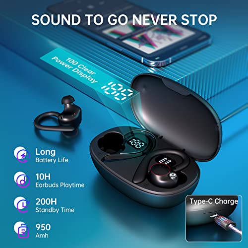 NANSON Headphones Wireless Earbuds 60hrs Playback IPX7 Waterproof Earphones Over-Ear Stereo Bass Headset with Earhooks Microphone LED Battery Display for Sports/Workout/Gym/Running Black