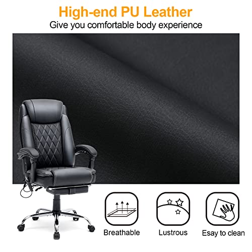 HOMREST 6-Point Massage Office Chair,Heated Executive Chair,Ergonomic Home Office Desk Chair,PU Leather with Retractable Footrest,Adjustable Armrest & Head Support(Black)