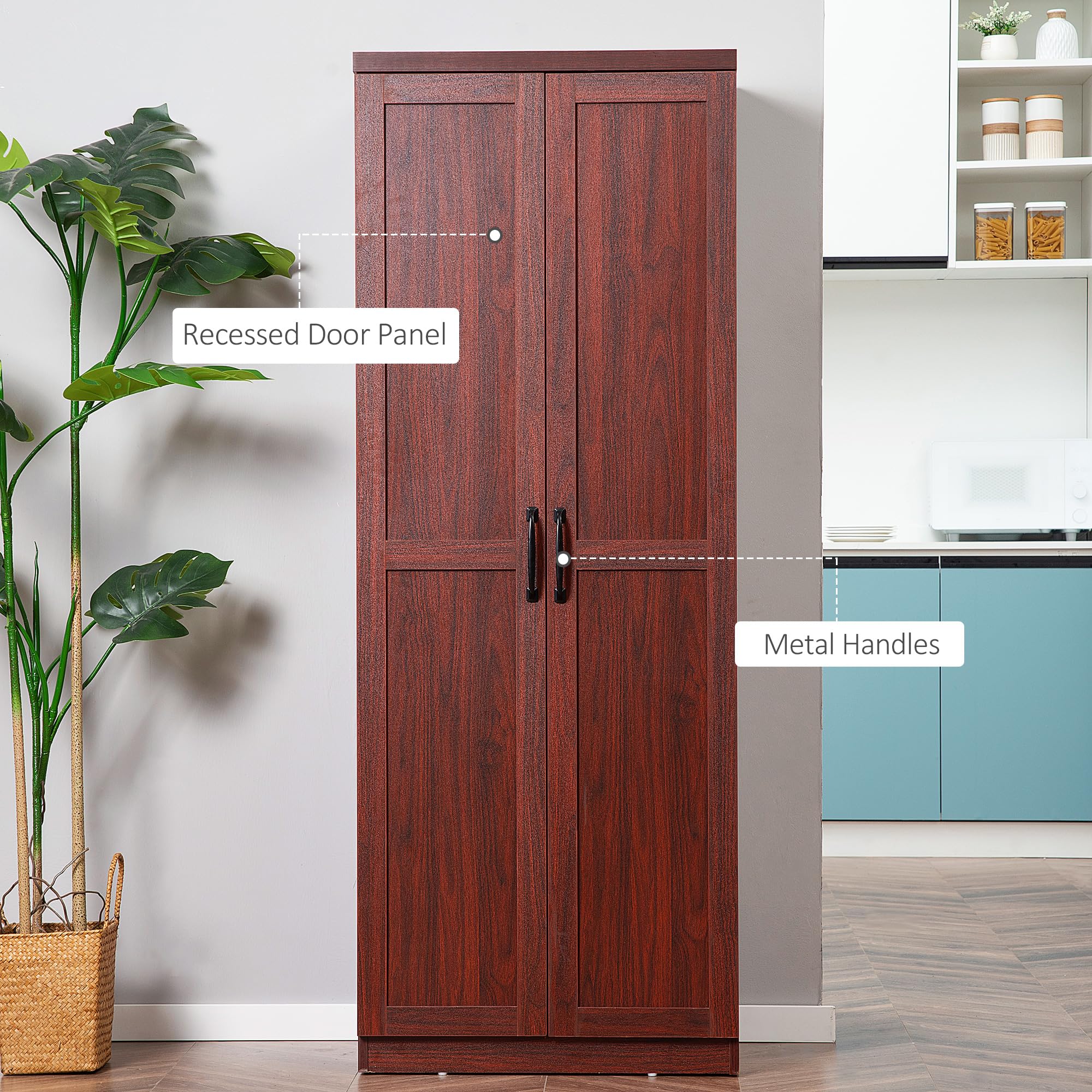 HOMCOM 63" 2-Door Kitchen Pantry, Freestanding Storage Cabinet with 5-Tier Shelving and 2 Adjustable Shelves for Dining Room, Espresso