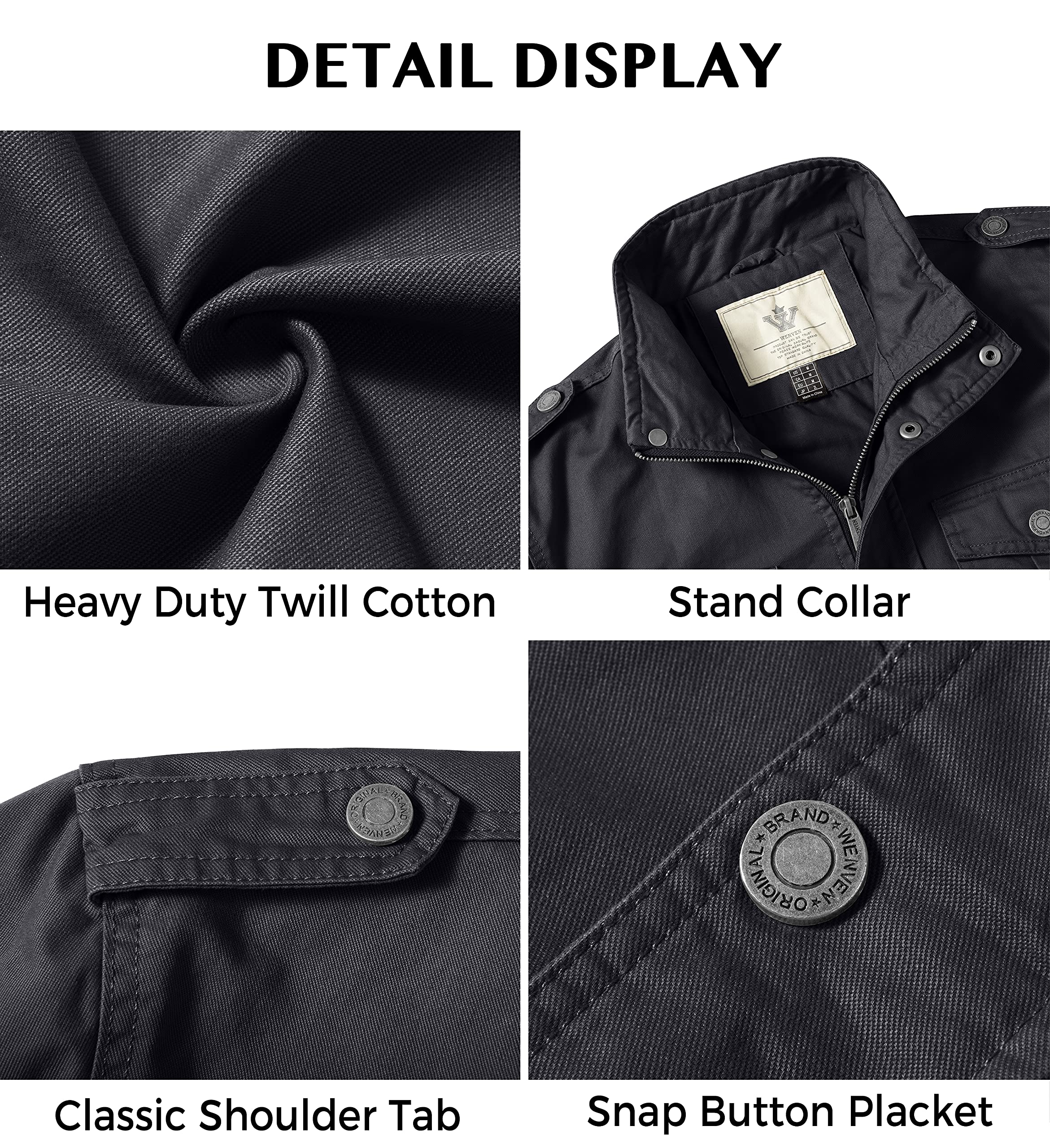 WenVen Men's Washed Cotton Military Jacket (Grey, Medium)
