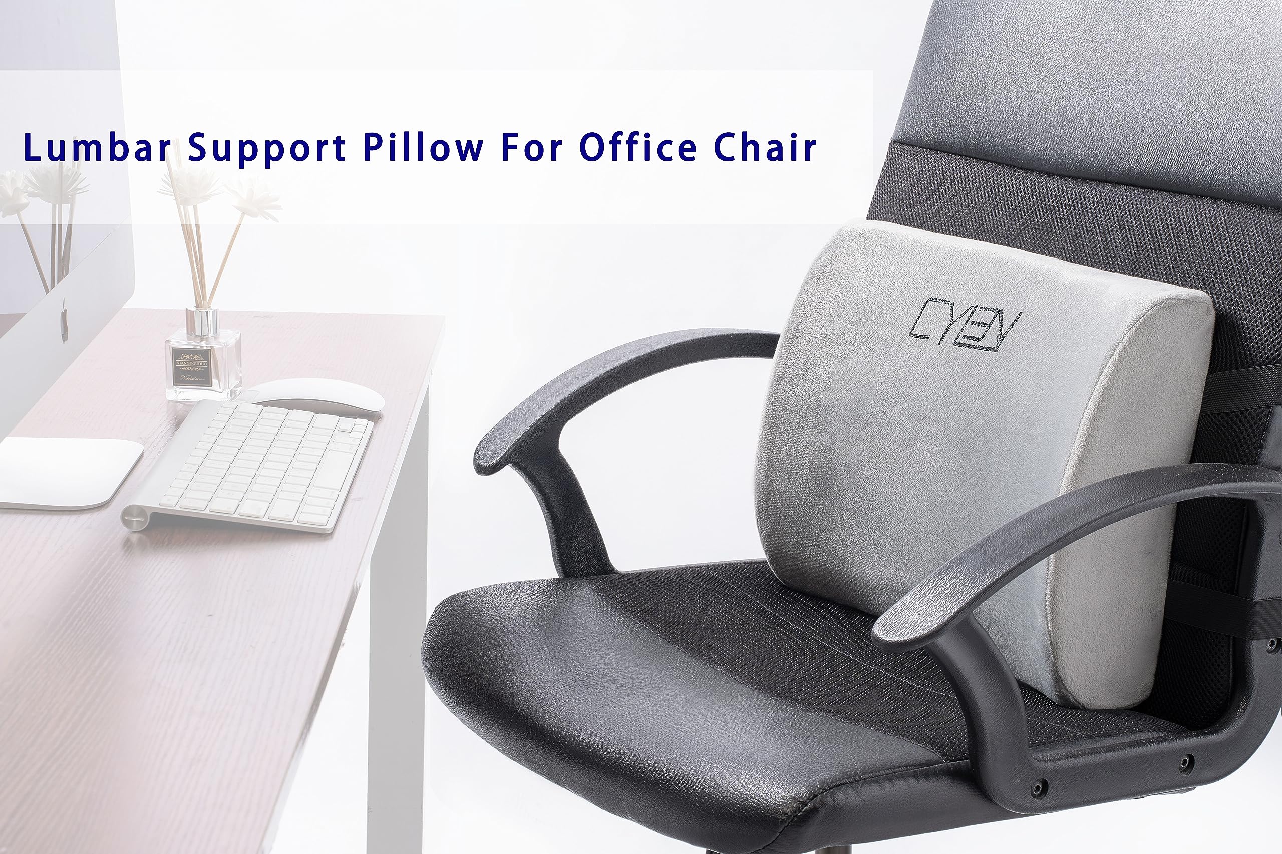 CYLEN Gel Infused Memory Foam Back Cushion Lumbar Support Pillow for Office Chair, Car & Wheelchair - Adjustable Double Strap & 3D Washable Cover (Grey)