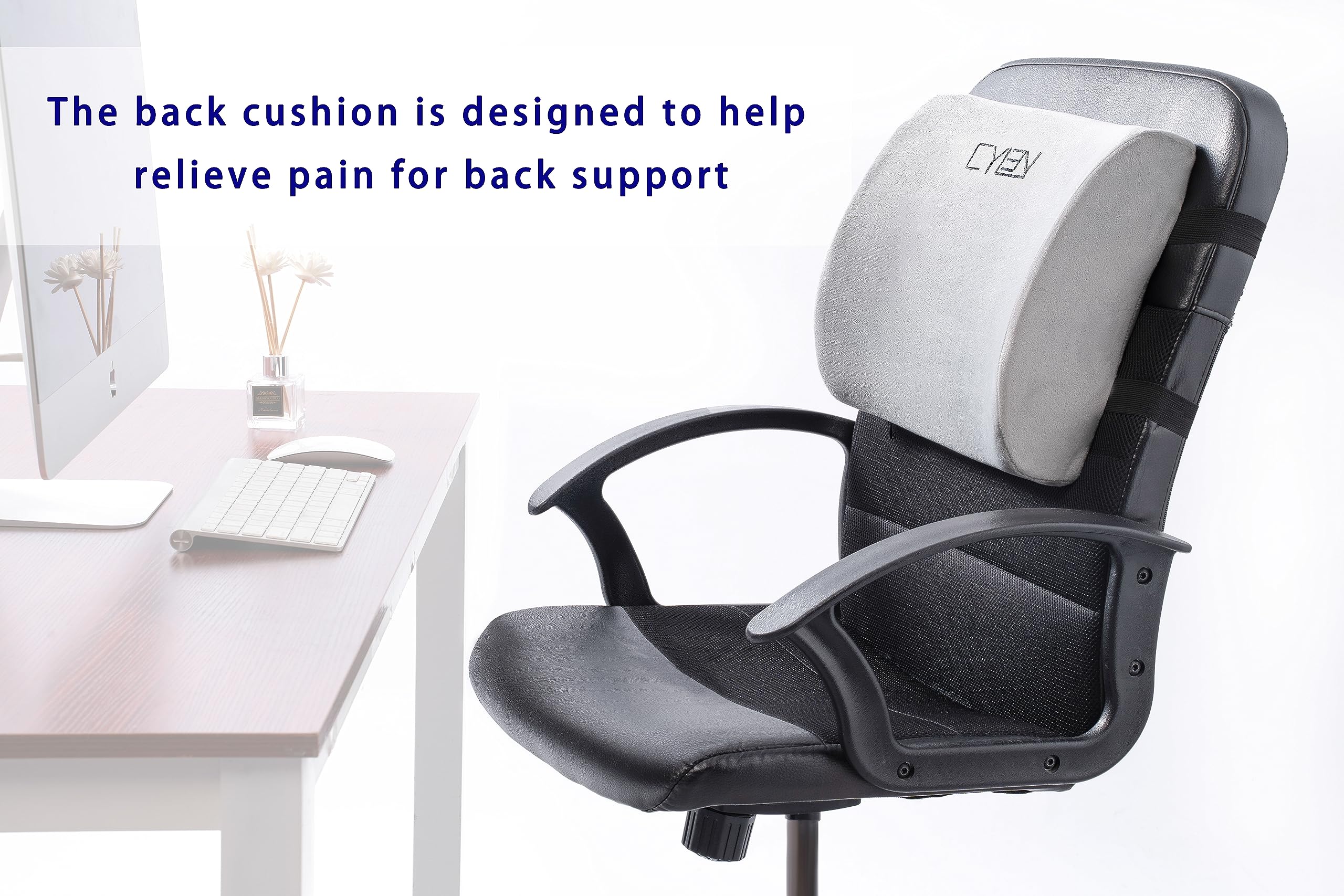 CYLEN Gel Infused Memory Foam Back Cushion Lumbar Support Pillow for Office Chair, Car & Wheelchair - Adjustable Double Strap & 3D Washable Cover (Grey)