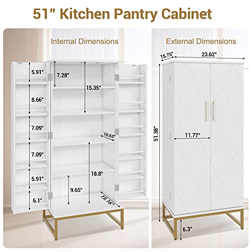 kepptory 51” Pantry Cabinets, White Freestanding Kitchen Pantry Storage Cabinet with Adjustable Shelves, Buffet Cupboards Storage Cabinet for Home Office Use, White + Gold