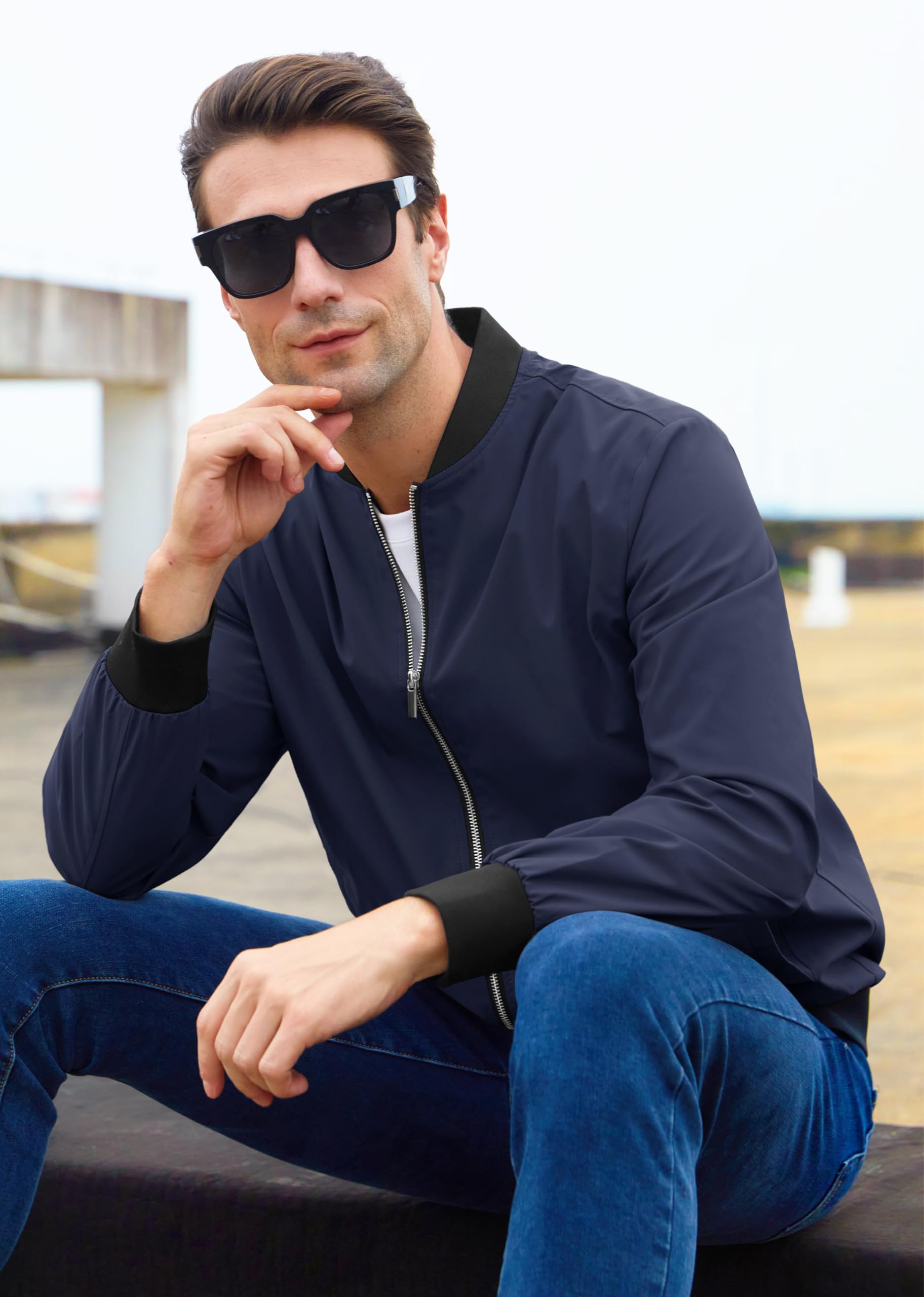 MAGCOMSEN Mens Lightweight Jackets Bomber Jacket Full Zip Light Windbreaker Casual Stylish Golf Jackets Navy 2XL