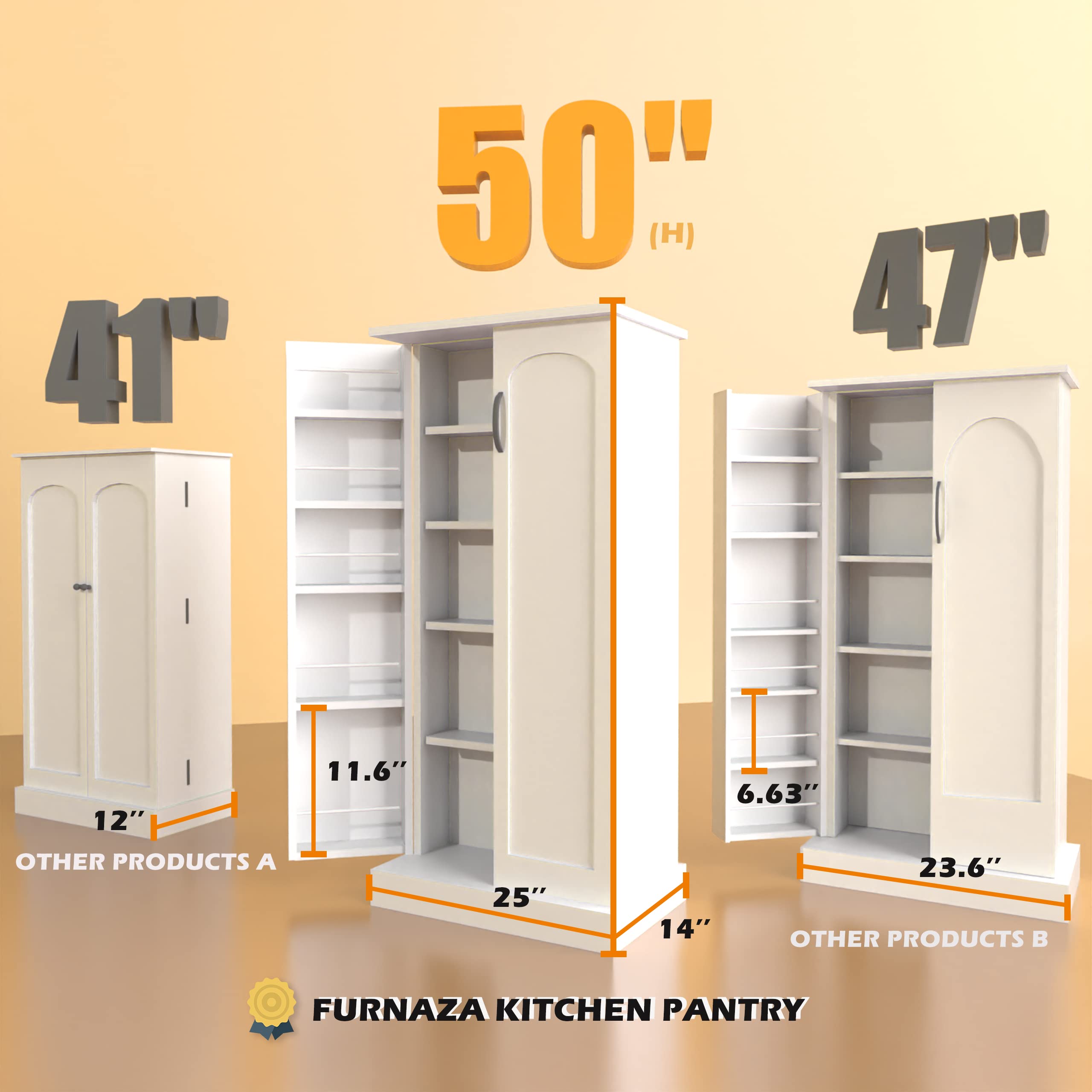 Furnaza 50" LED Kitchen Pantry Storage Cabinets - Standing Food Cabinets Cupboards with 2 Doors with Racks and Shelves Adjustable for Small Space in Dinning Room, Living Room, in White