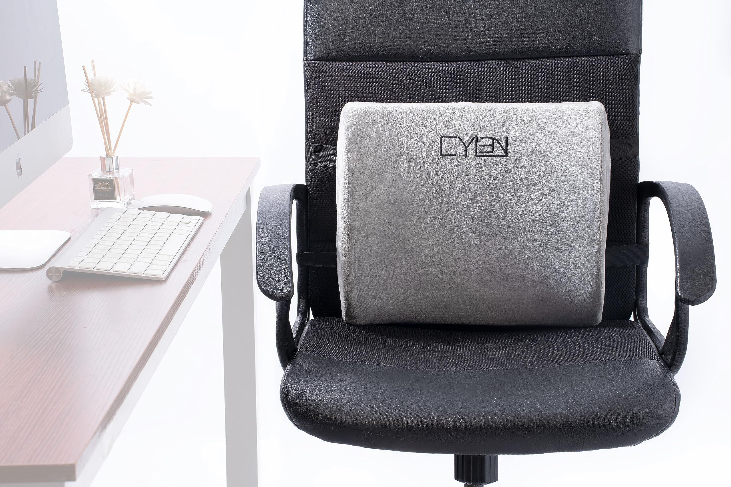 CYLEN Gel Infused Memory Foam Back Cushion Lumbar Support Pillow for Office Chair, Car & Wheelchair - Adjustable Double Strap & 3D Washable Cover (Grey)