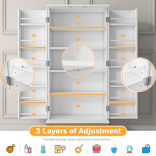kepptory 51” Pantry Cabinets, White Freestanding Kitchen Pantry Storage Cabinet with Adjustable Shelves, Buffet Cupboards Storage Cabinet for Home Office Use, White + Gold