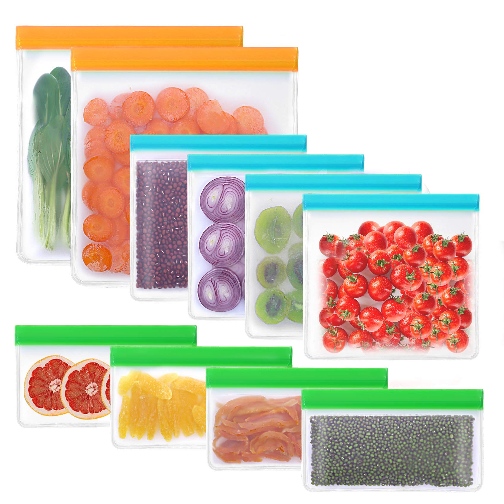 10 Pack BPA FREE Reusable Storage Bags 2 Reusable Gallon Bags+4 Leakproof Reusable Sandwich Bags+4 Thick Reusable Snack Bags Freezer Bags Leakproof Lunch Bags for Food Meat Fruit Cereal (Multicolored)