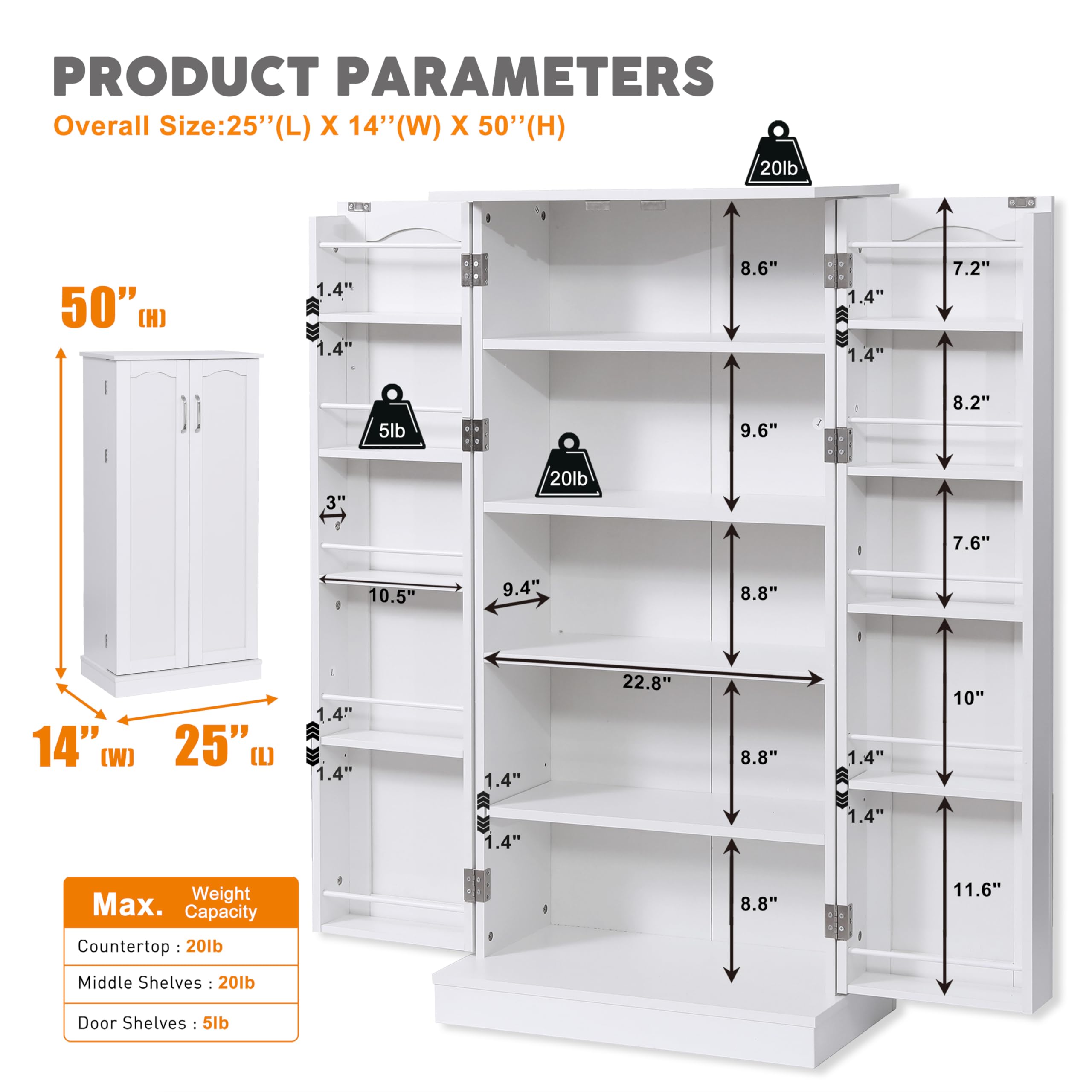 Furnaza 50" LED Kitchen Pantry Storage Cabinets - Standing Food Cabinets Cupboards with 2 Doors with Racks and Shelves Adjustable for Small Space in Dinning Room, Living Room, in White