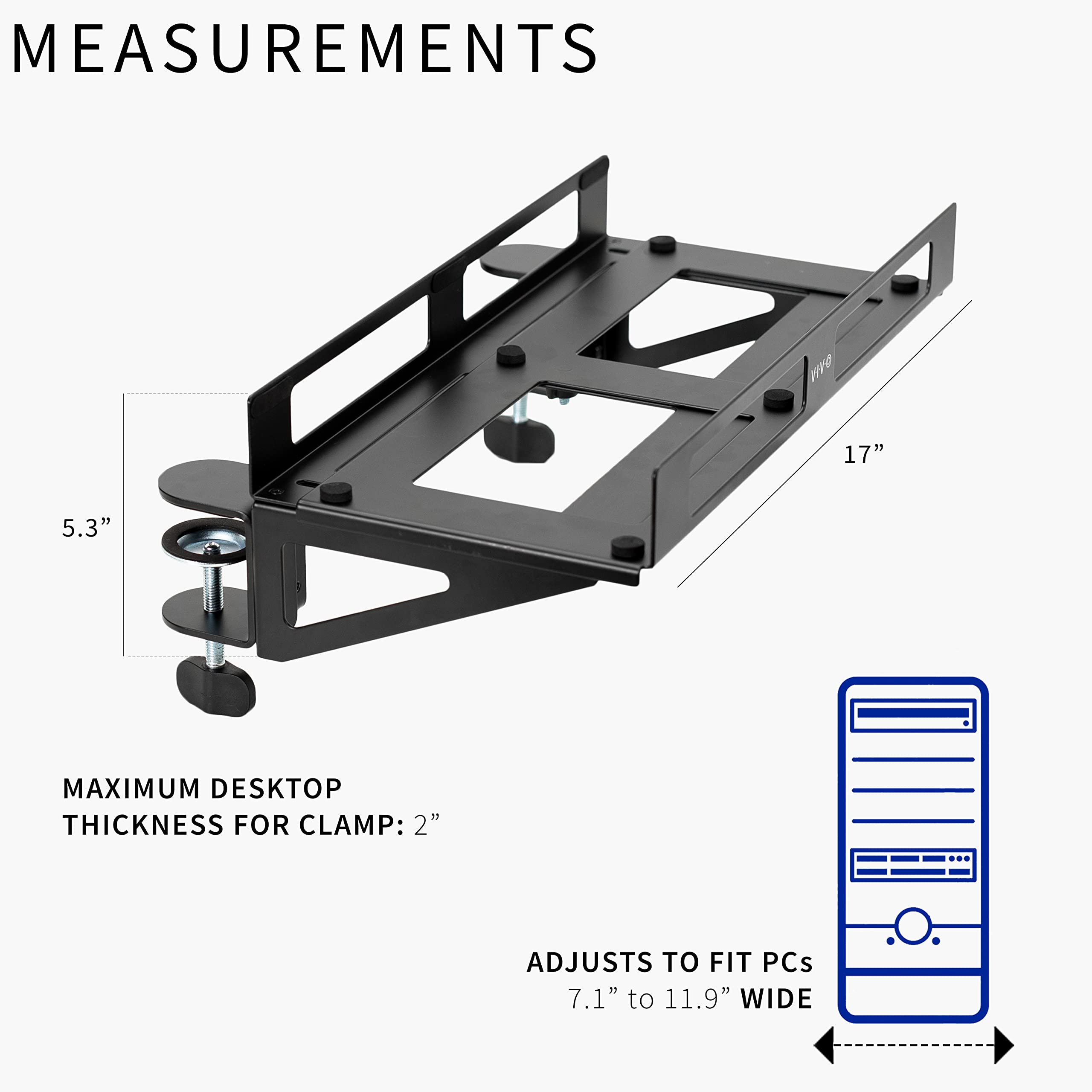 VIVO Clamp-on Desk Extender PC Desk Mount Holder with Wall Mount Option, Standard and Large Gaming Computer Case Stand, Adjustable with Secure Locking, Black, MOUNT-PC07G