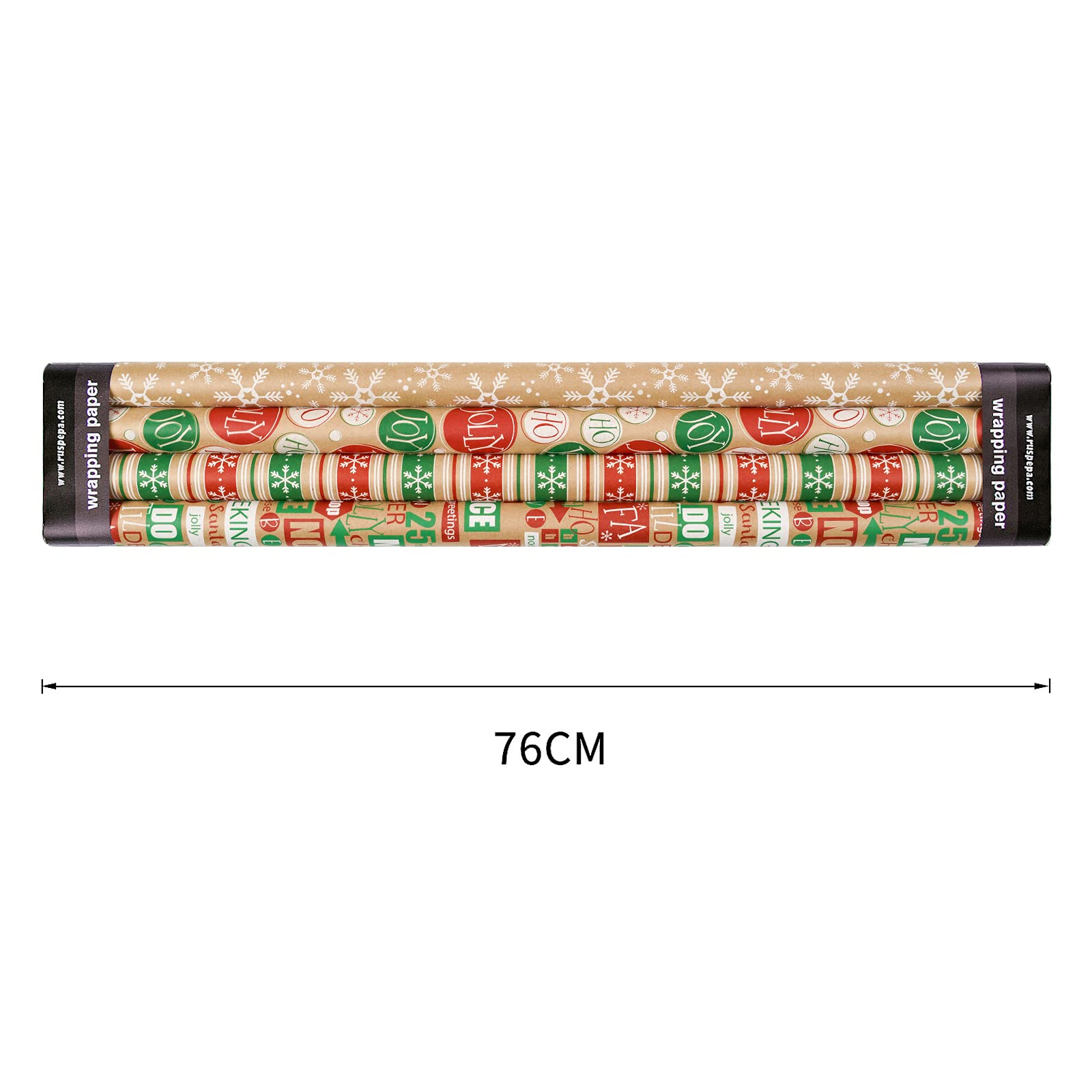 RUSPEPA Christmas Wrapping Paper, Kraft Paper - Snowflakes, Red and Green Stripe and Christmas Greetings - 4 Rolls - 30 inches x 10 feet per Roll