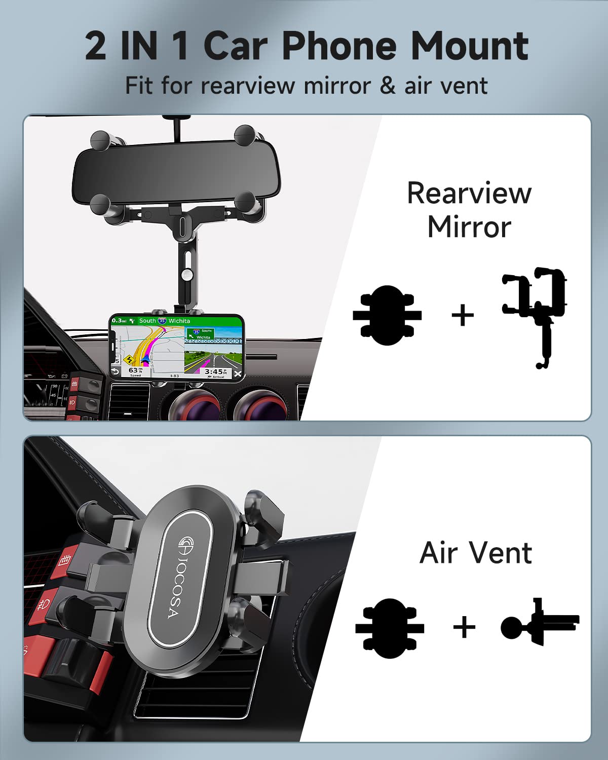 2in1 Phone Mount for Car Rearview Mirror & Air Vent, Super clamping force, Universal 360° Rotatable and Retractable Phone Holder Adjustable Multifunctional for Most Mobile Phones & Cradle Air Vent.
