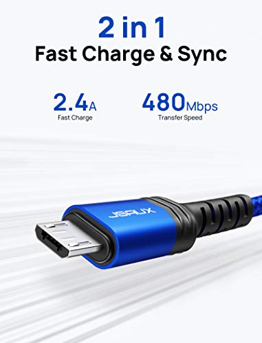 JSAUX Micro USB Cable Android Charger, (2-Pack 6.6FT) Micro USB Android Charger Cable Nylon Braided Cord Compatible with Galaxy S7 S6 J7 Edge Note 5, Kindle. MP3 and More-Blue