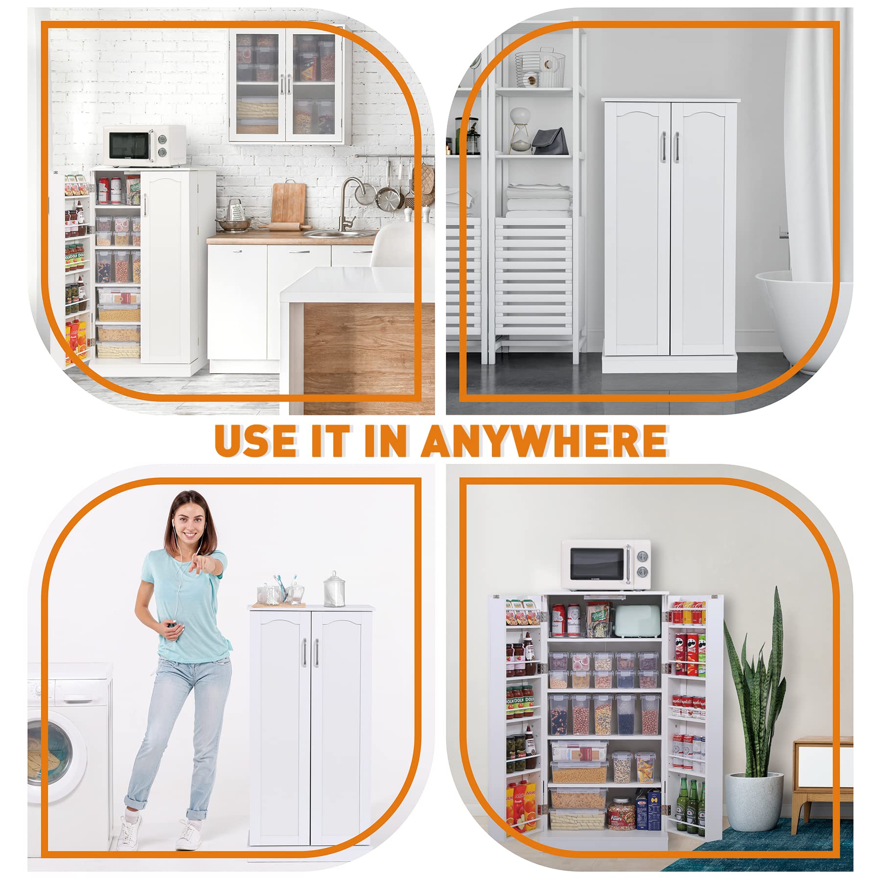 Furnaza 50" LED Kitchen Pantry Storage Cabinets - Standing Food Cabinets Cupboards with 2 Doors with Racks and Shelves Adjustable for Small Space in Dinning Room, Living Room, in White