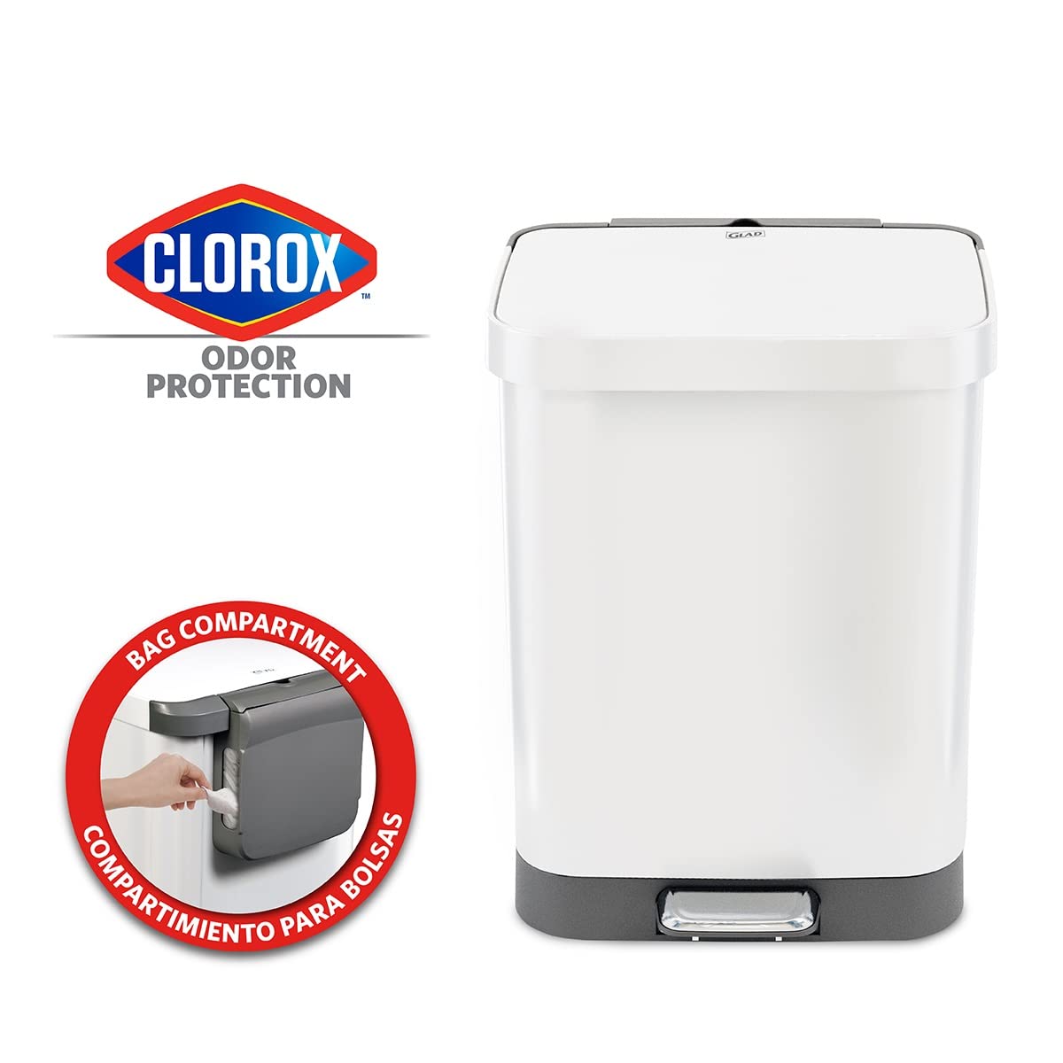 Glad Stainless Steel Step Trash Can with Clorox Odor Protection | Large Metal Kitchen Garbage Bin with Soft Close Lid, Foot Pedal and Waste Bag Roll Holder, 13 Gallon, White