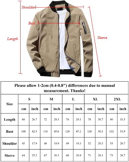 Lavnis Men's Flight Bomber Jacket Lightweight Softshell Coat Sportwear Zipper Windbreaker Khaki L