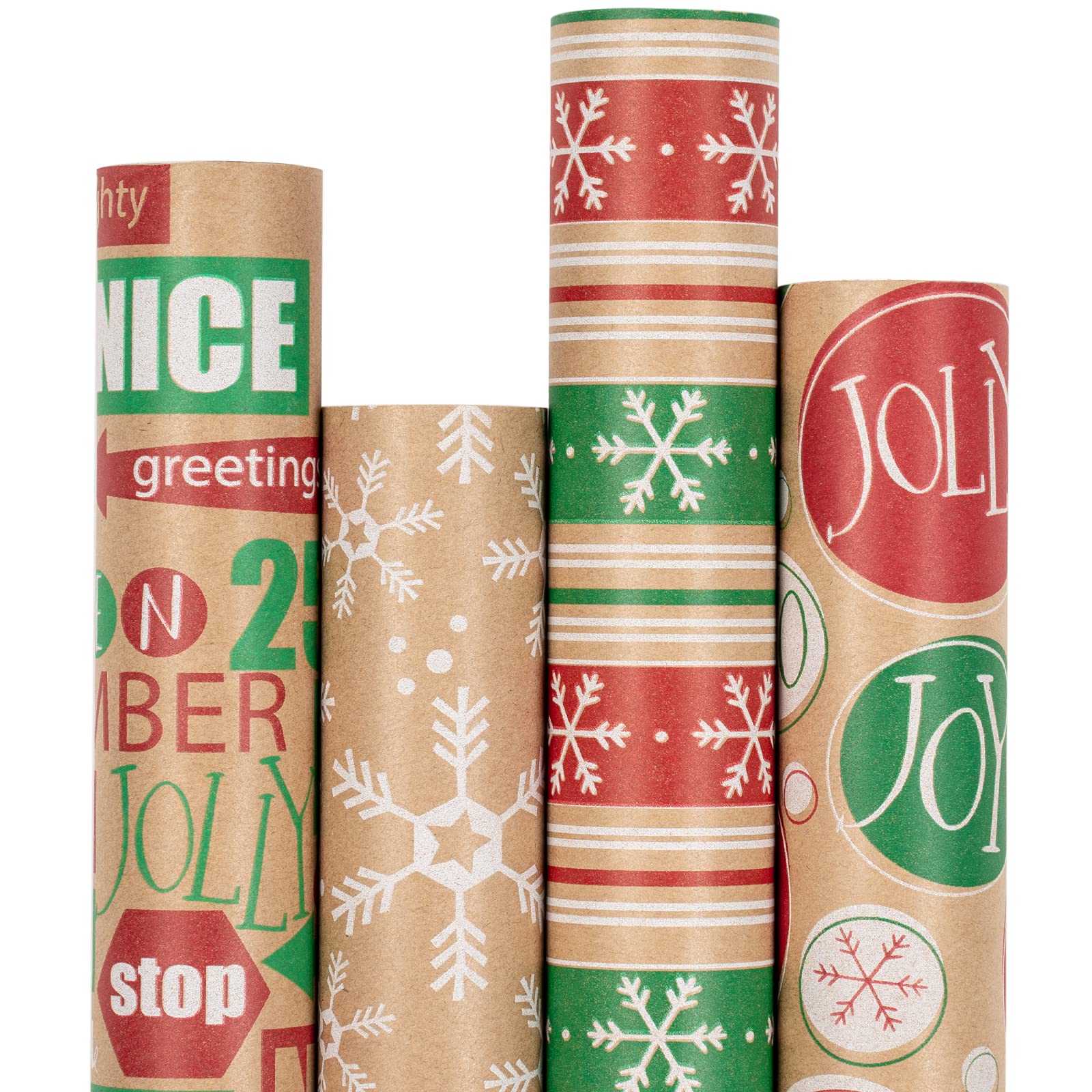 RUSPEPA Christmas Wrapping Paper, Kraft Paper - Snowflakes, Red and Green Stripe and Christmas Greetings - 4 Rolls - 30 inches x 10 feet per Roll