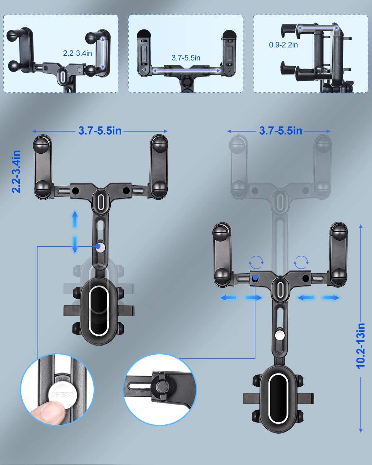 2in1 Phone Mount for Car Rearview Mirror & Air Vent, Super clamping force, Universal 360° Rotatable and Retractable Phone Holder Adjustable Multifunctional for Most Mobile Phones & Cradle Air Vent.