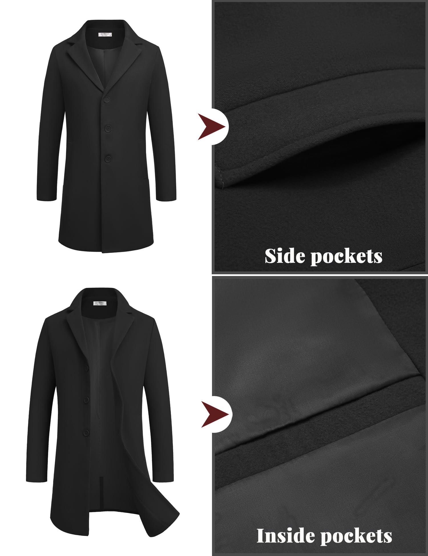 COOFANDY Winter Coats Men Black Notched Collar Overcoat Mid-Long Winter Wool Trench Coat Black Business Peacoat Black L