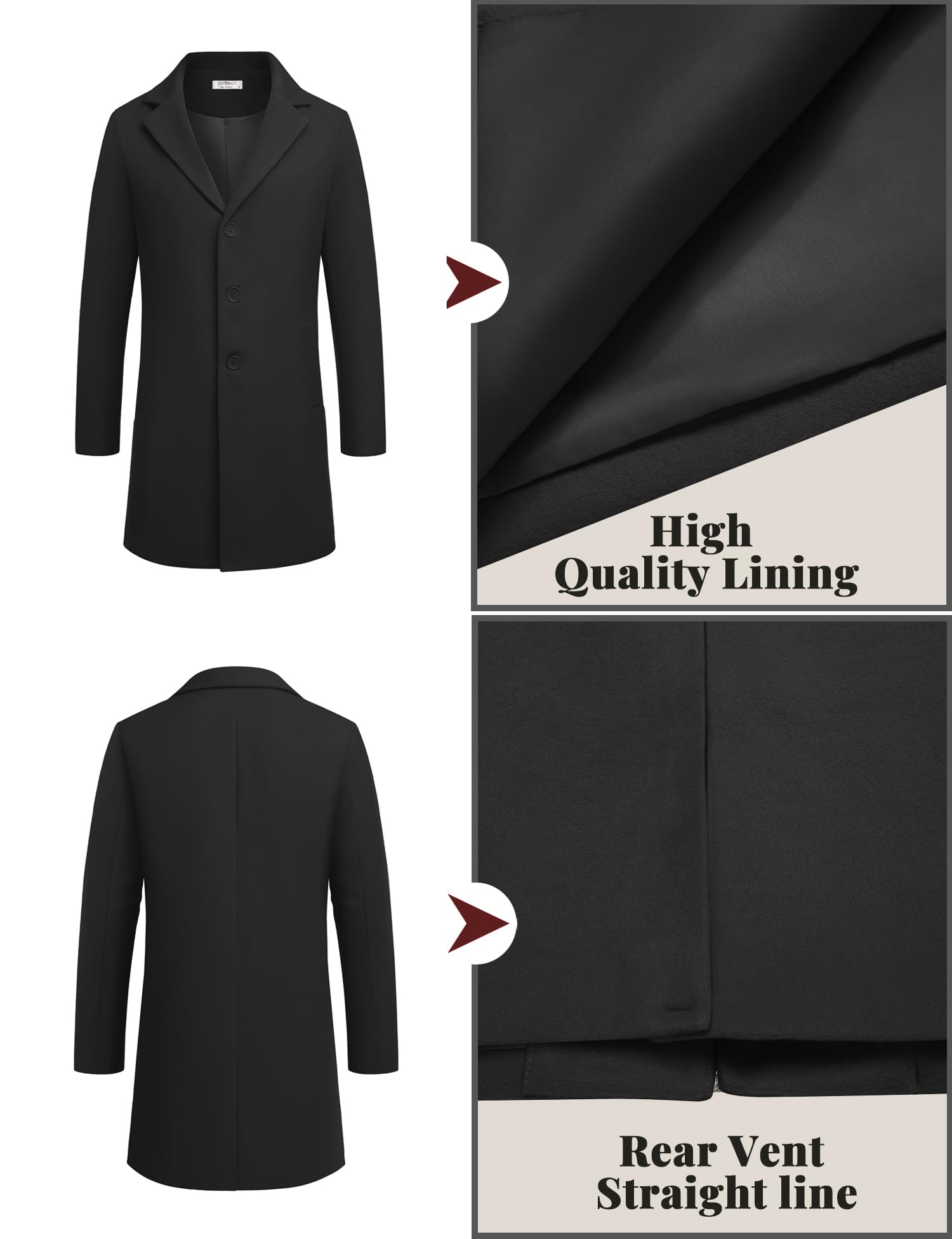 COOFANDY Winter Coats Men Black Notched Collar Overcoat Mid-Long Winter Wool Trench Coat Black Business Peacoat Black L