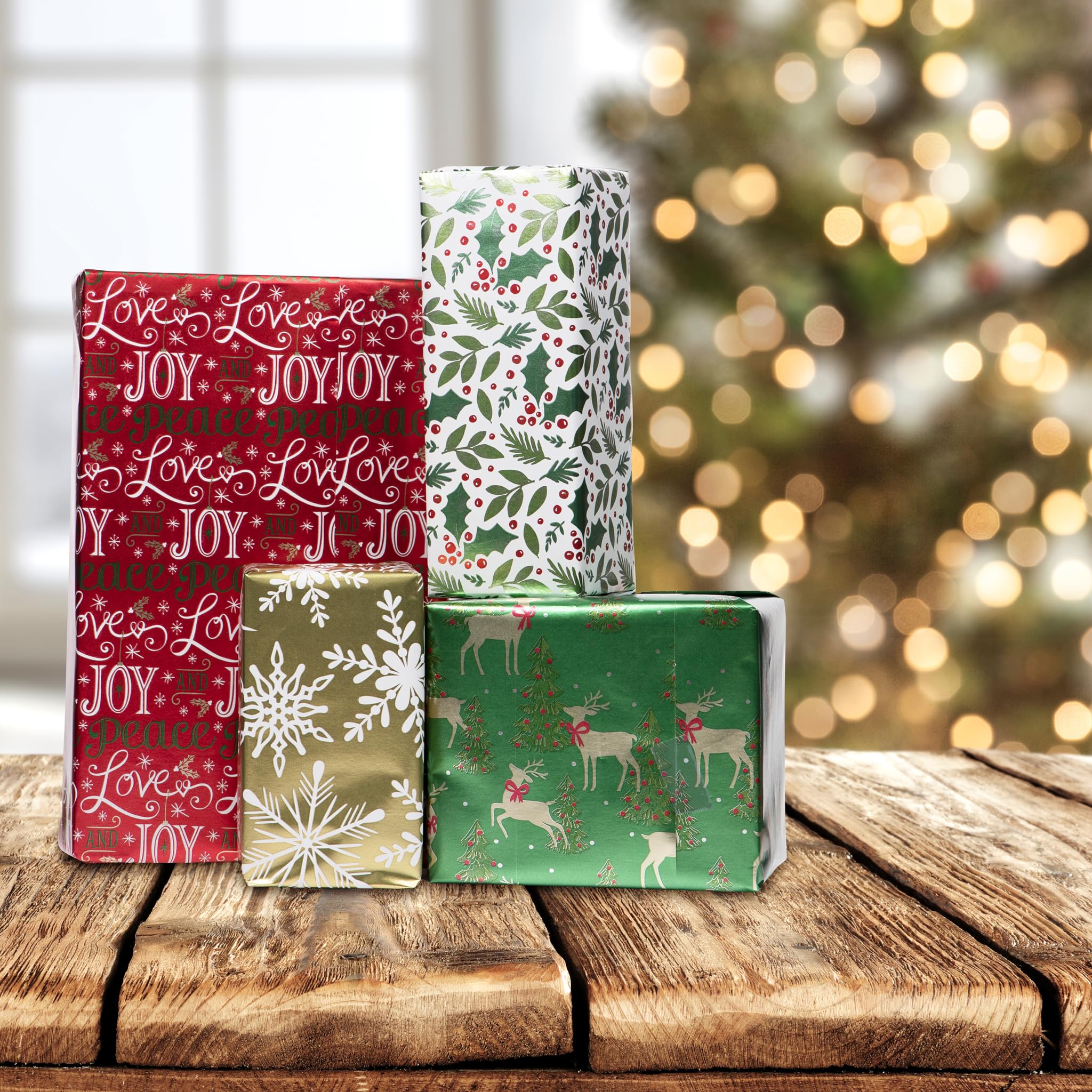 JAMPaper Assorted Gift Wrap - Christmas Wrapping Paper - 100 Sq Ft Total - Holographic Christmas Set - 4 Rolls/Pack
