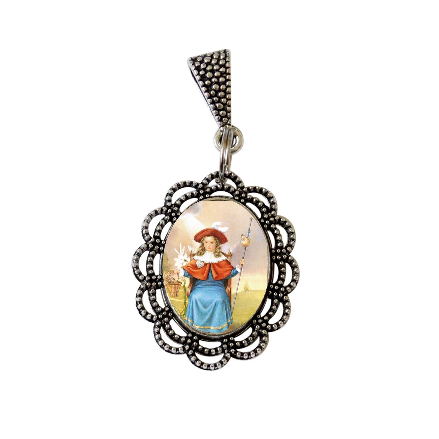 Holy Infant of Atocha Santo Niño de Atocha Silver Plated Oval Bezel Pendant Base Tray Cameo Cabochon Setting Enhanced Bale Black Corded Adjustable Mariners Necklace Cabochon Color Image Blessed Card