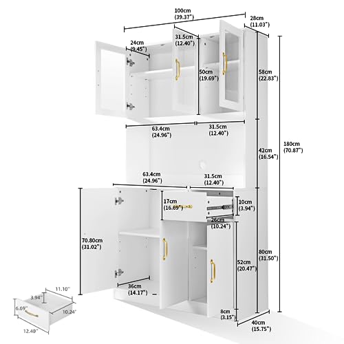 VOWNER 71'' Freestanding Pantry Cabinet with Buffet Cupboard, Kitchen Pantry Storage Cabinet with 6 Doors and Drawer, Utility Pantry for Kitchen, Dining Room,White